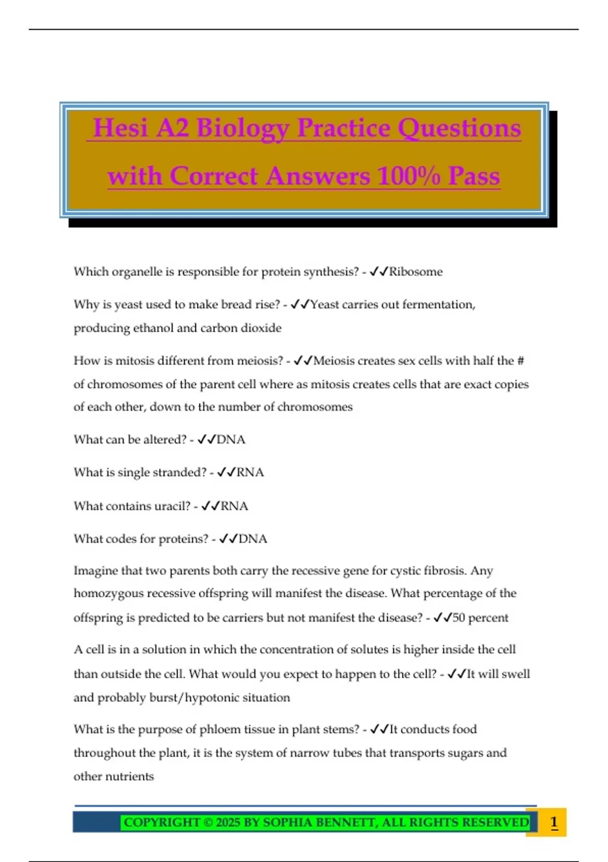 Hesi A2 Biology Practice Questions with Correct Answers 100% Pass ...