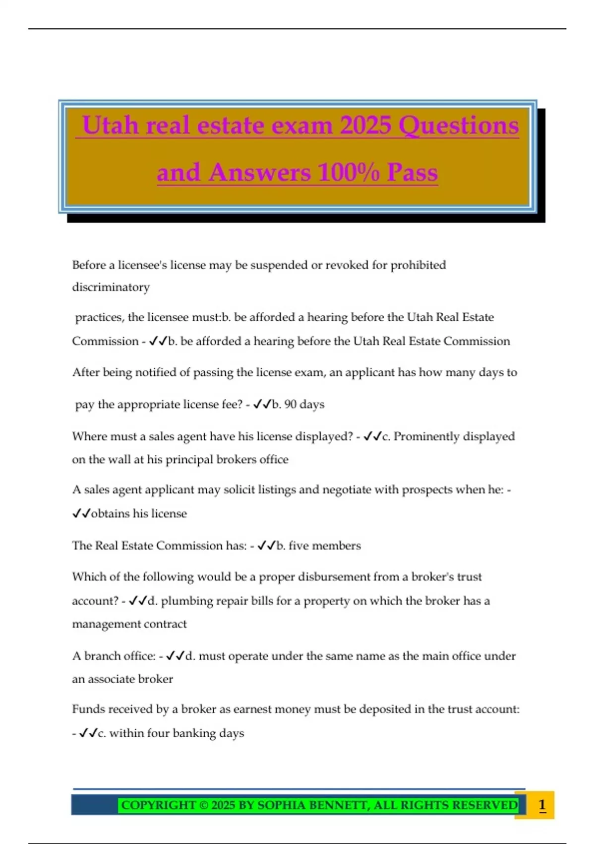 Utah real estate exam 2025 Questions and Answers 100% Pass - Utah ...