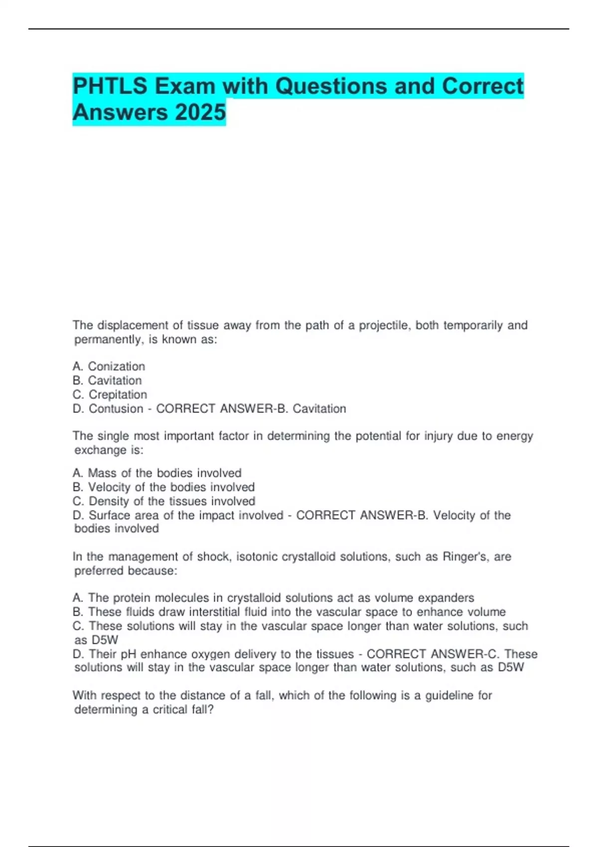 PHTLS Exam with Questions and Correct Answers 2025. - PHTLS - Stuvia US