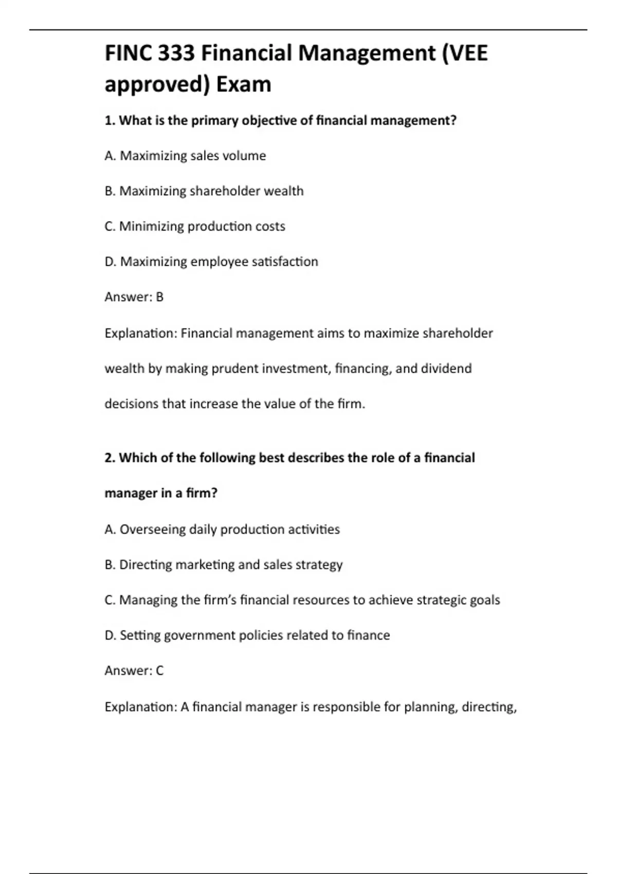 FINC 333 Financial Management (VEE approved) Exam - Computers - Stuvia US
