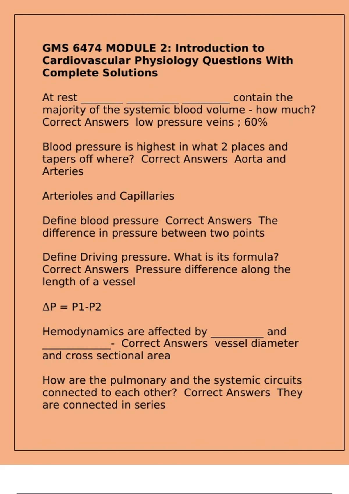 GMS 6474 MODULE 2: Introduction to Cardiovascular Physiology Questions With Complete Solutions ...