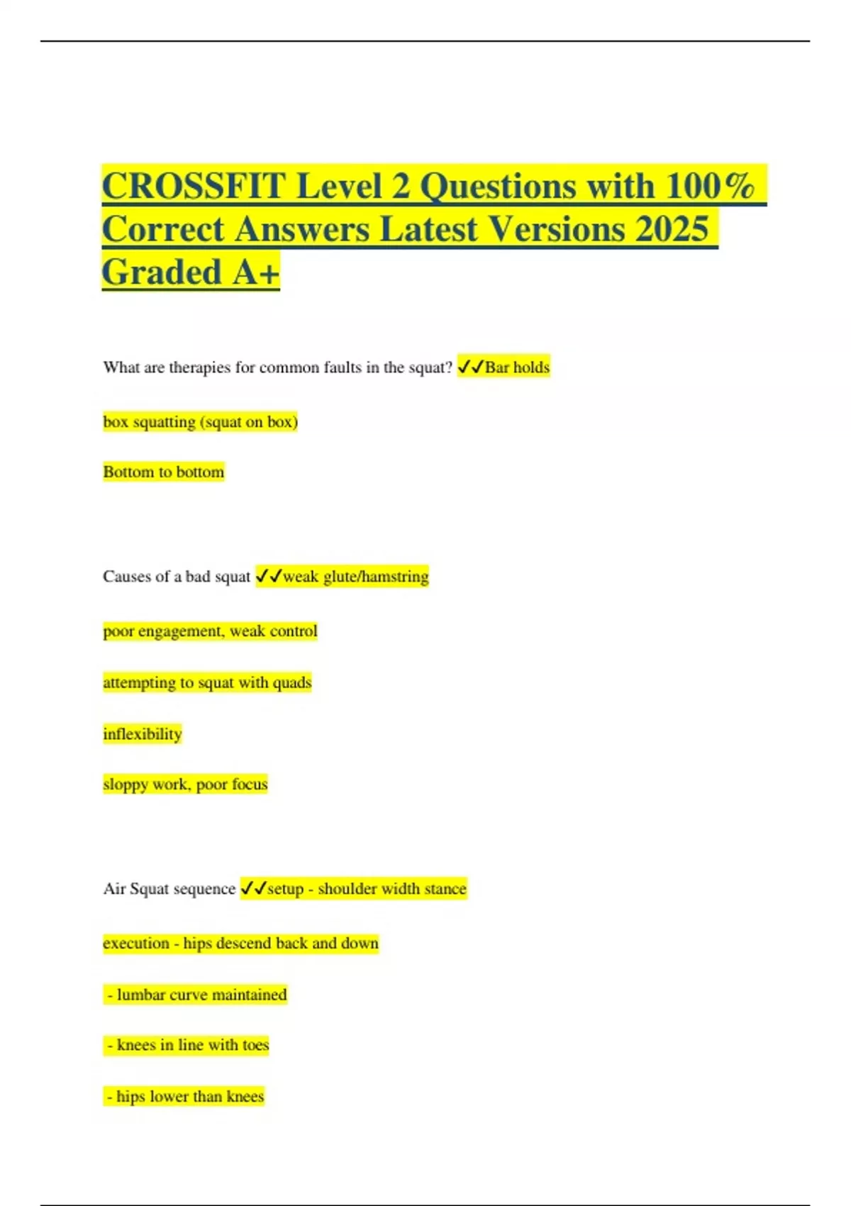 CROSSFIT Level 2 Questions with 100- Correct Answers Latest Versions ...