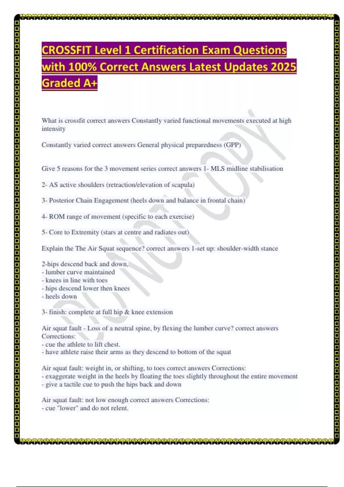 CROSSFIT Level 1 Certification Exam Questions with 100- Correct Answers ...