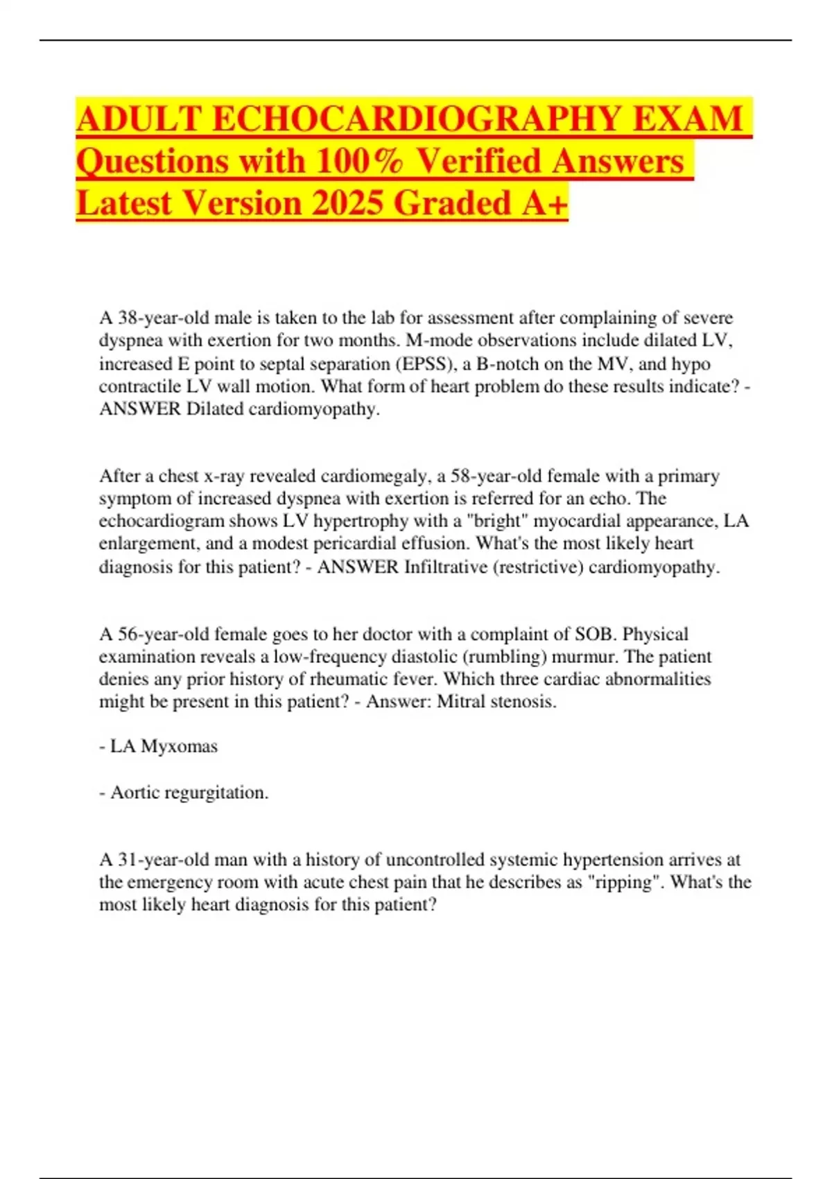 ADULT ECHOCARDIOGRAPHY EXAM Questions with 100- Verified Answers Latest ...