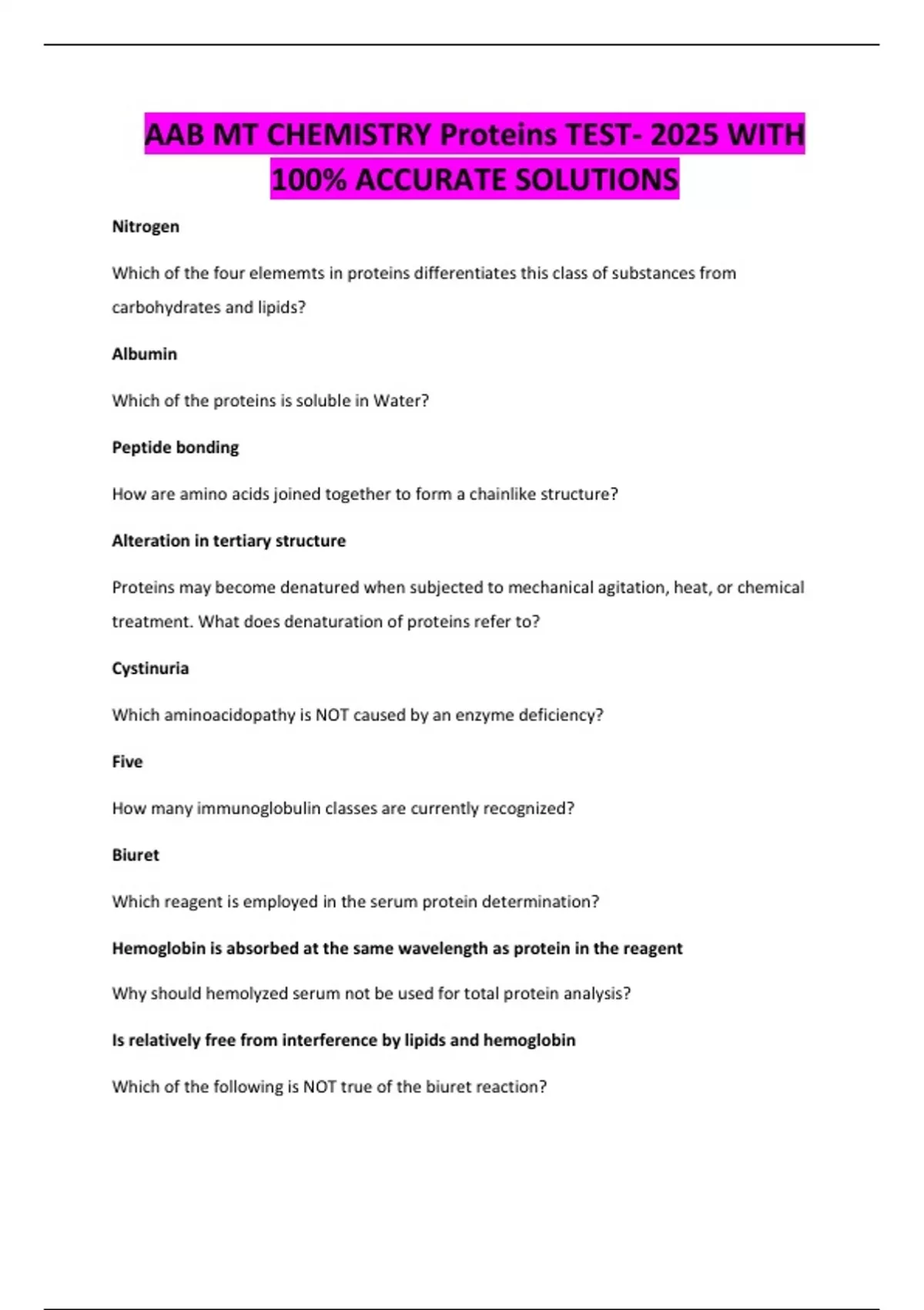 AAB MT CHEMISTRY Proteins TEST- 2025 WITH 100% ACCURATE SOLUTIONS - AAB ...