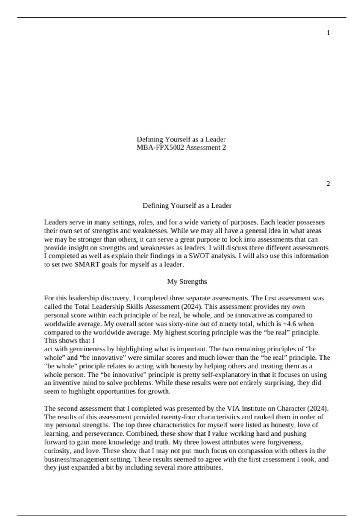 Summary 1 Defining Yourself as a Leader MBA-FPX5002 Assessment 2 2 ...