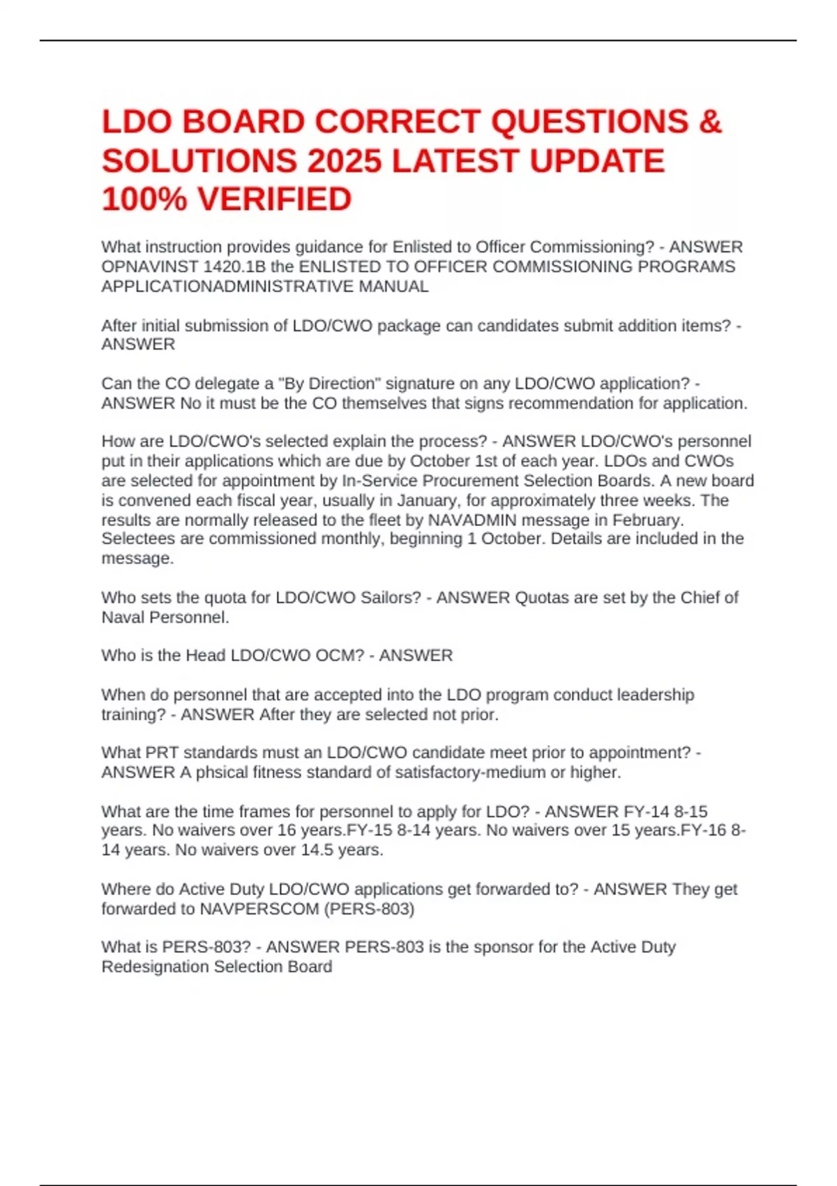 LDO BOARD CORRECT QUESTIONS & SOLUTIONS 2025 LATEST UPDATE 100% ...