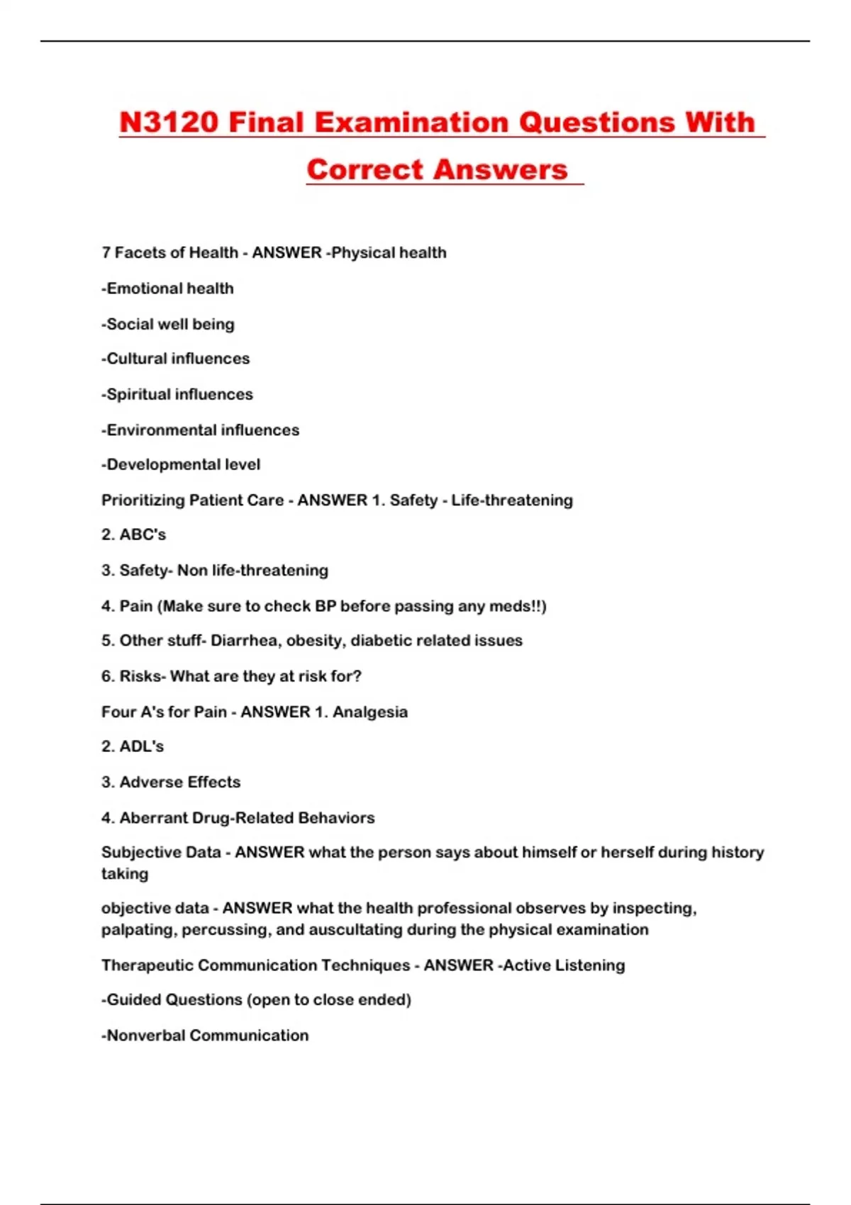 N3120 Final Examination Questions With Correct Answers - N3120 - Stuvia US