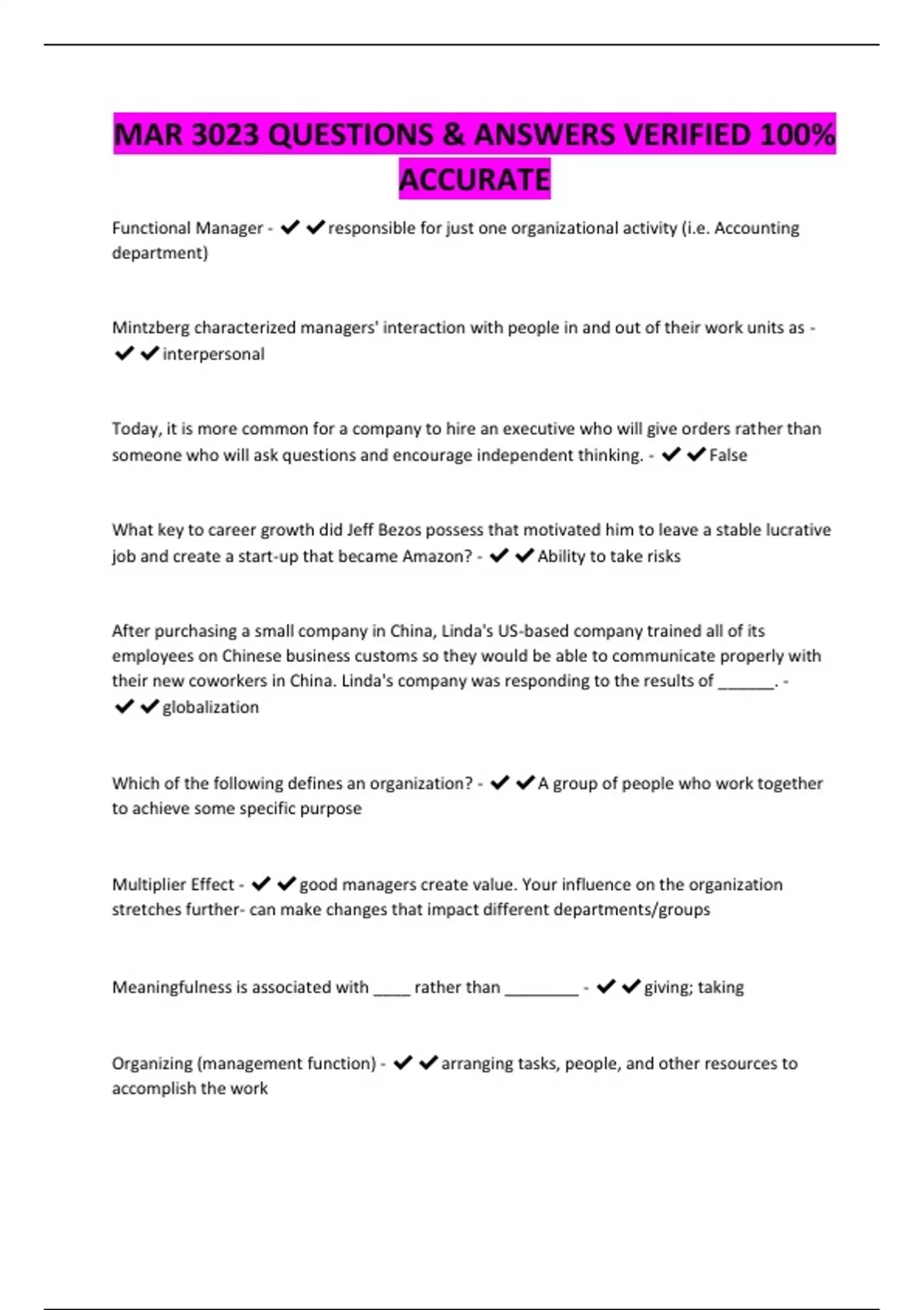 MAR 3023 EXAMS BUNDLE ALL with Questions and answers - Stuvia US