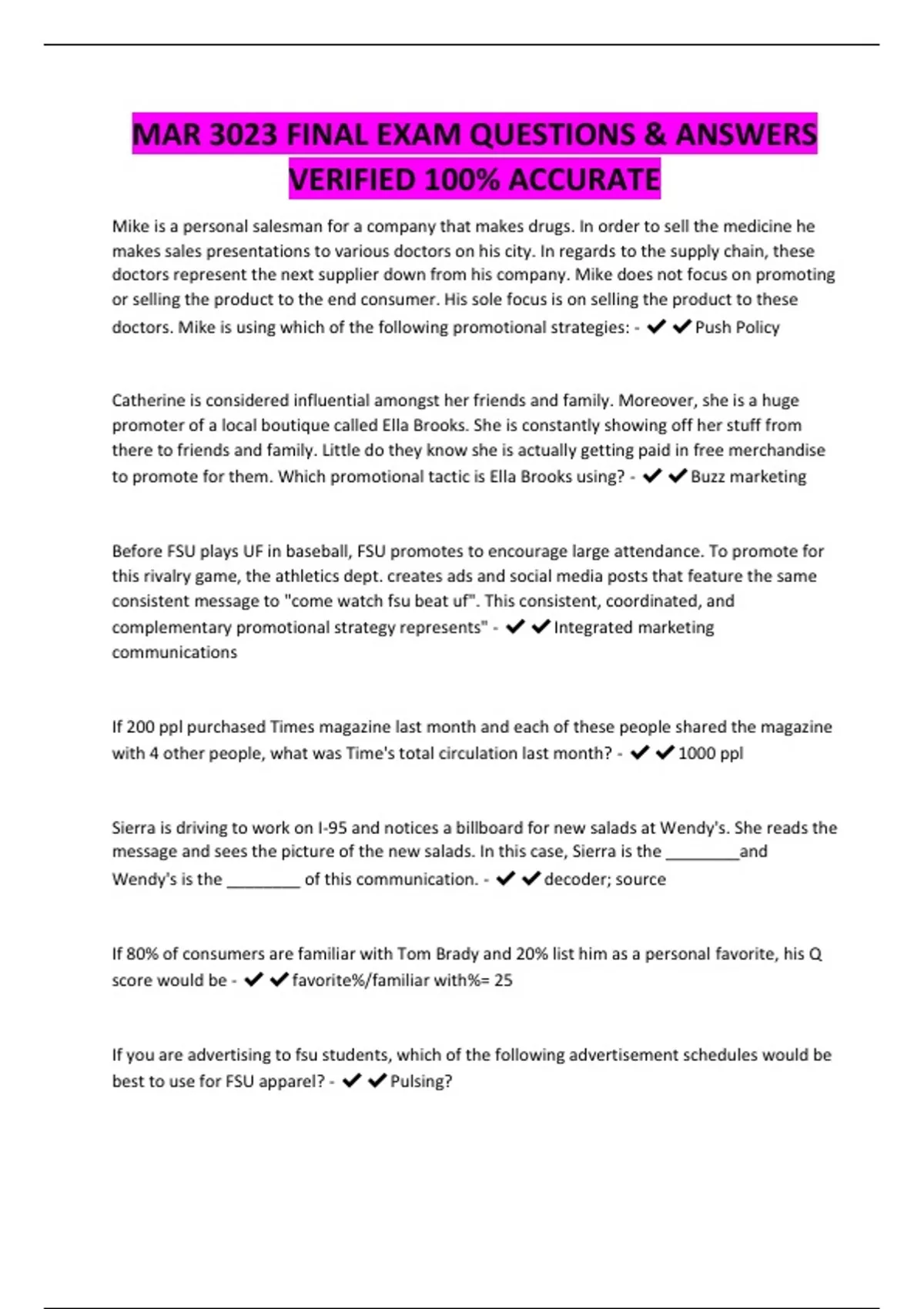 MAR 3023 FINAL EXAM QUESTIONS & ANSWERS VERIFIED 100% ACCURATE - MAR ...