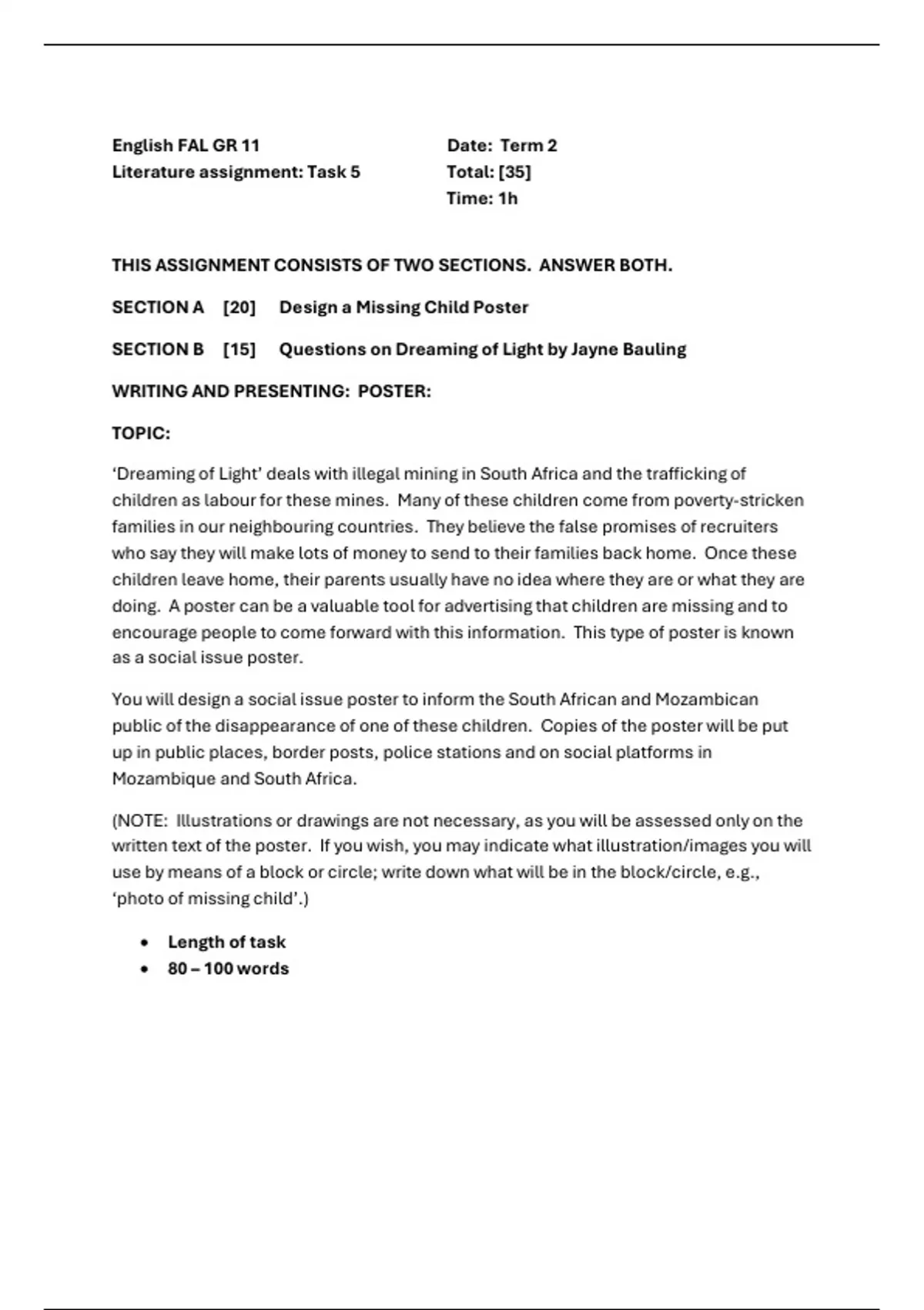 Grade 11 Eng FAL Literature Task 5 Term 2. - English FAL - Stuvia SA