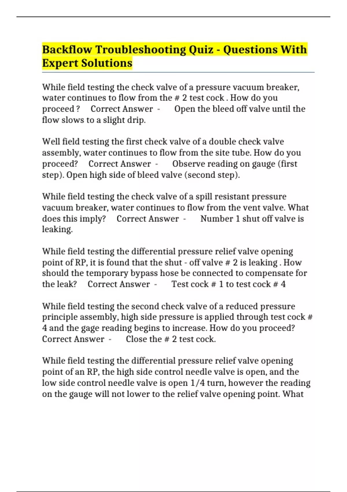 Backflow Troubleshooting Quiz - Questions With Expert Solutions - BACKFLOW PREVENTION - Stuvia US