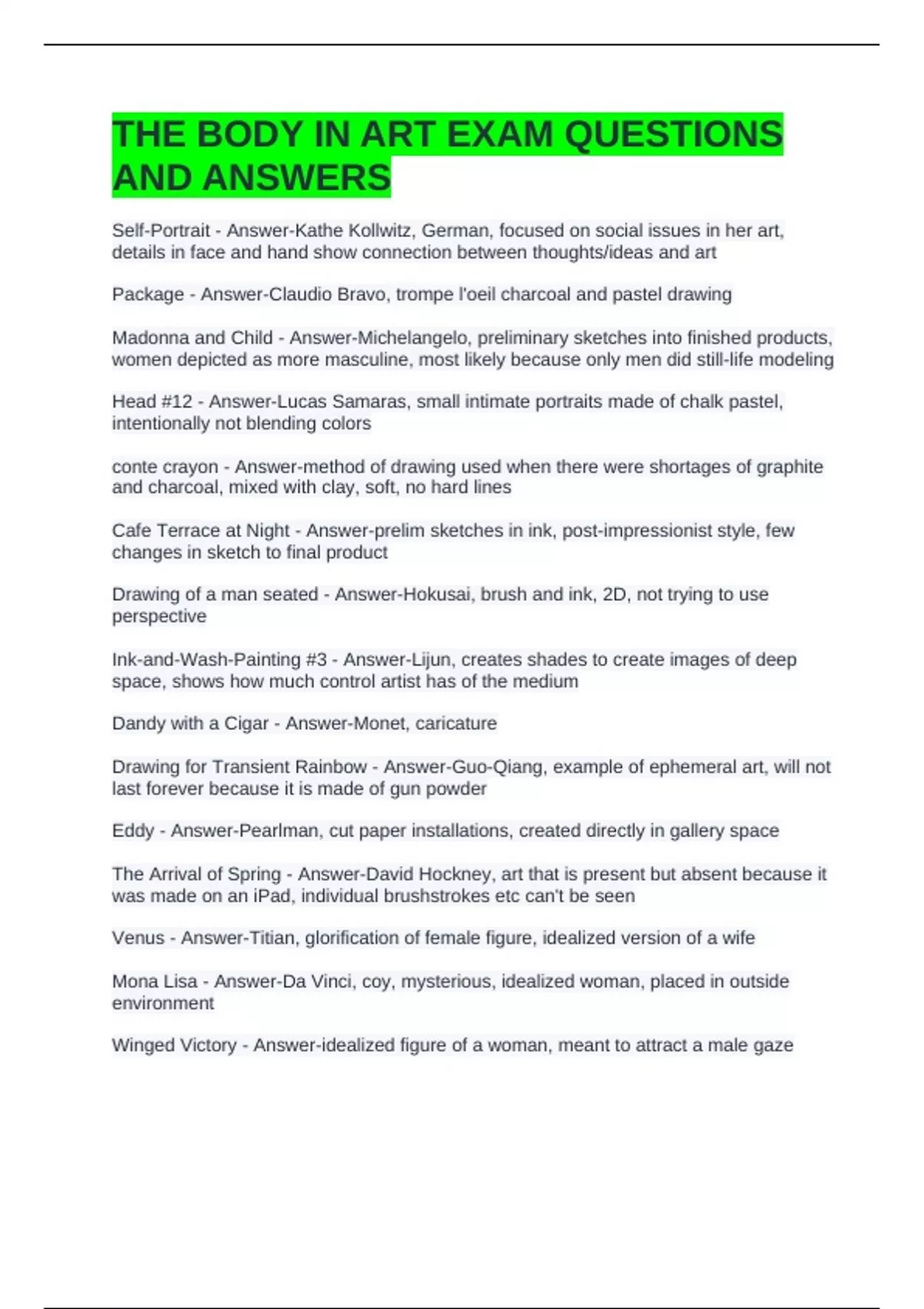 THE BODY IN ART EXAM QUESTIONS AND ANSWERS - THE BODY IN ART - Stuvia US