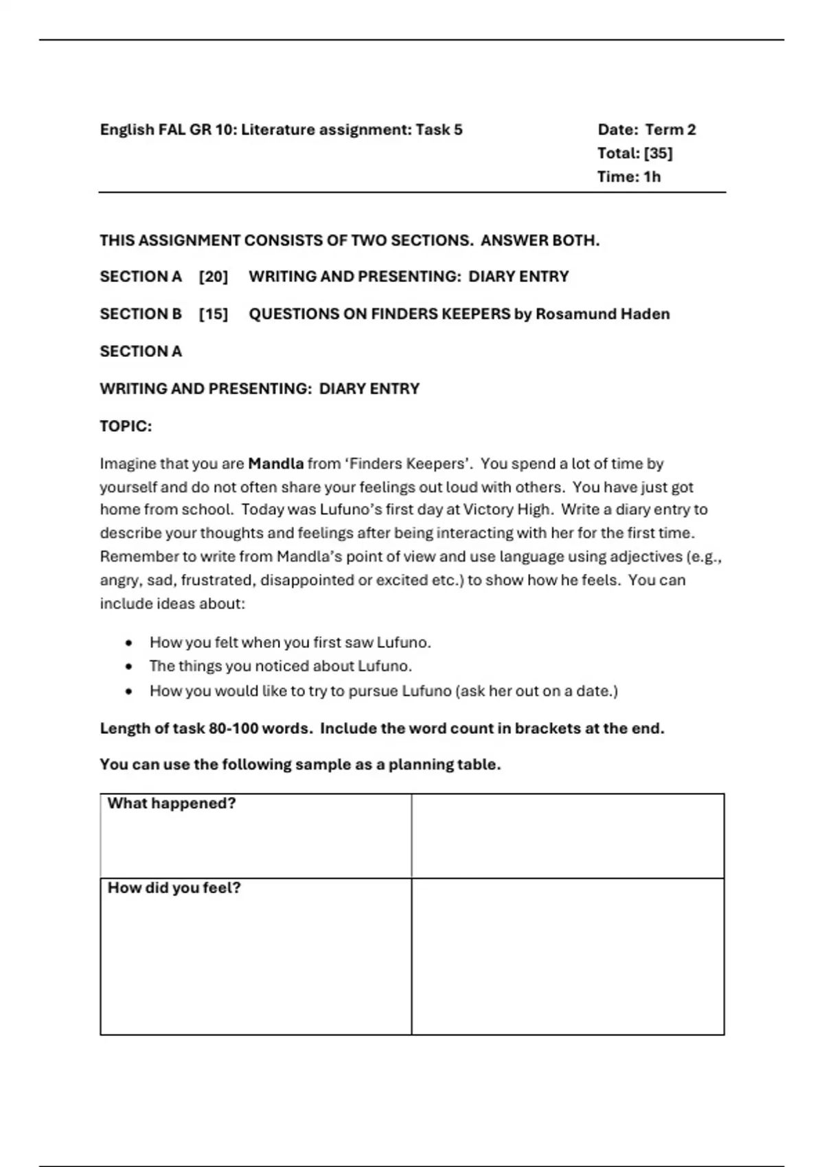 Grade 10 Eng FAL Literature Task 5 Term 2. - 10th Grade - English FAL ...