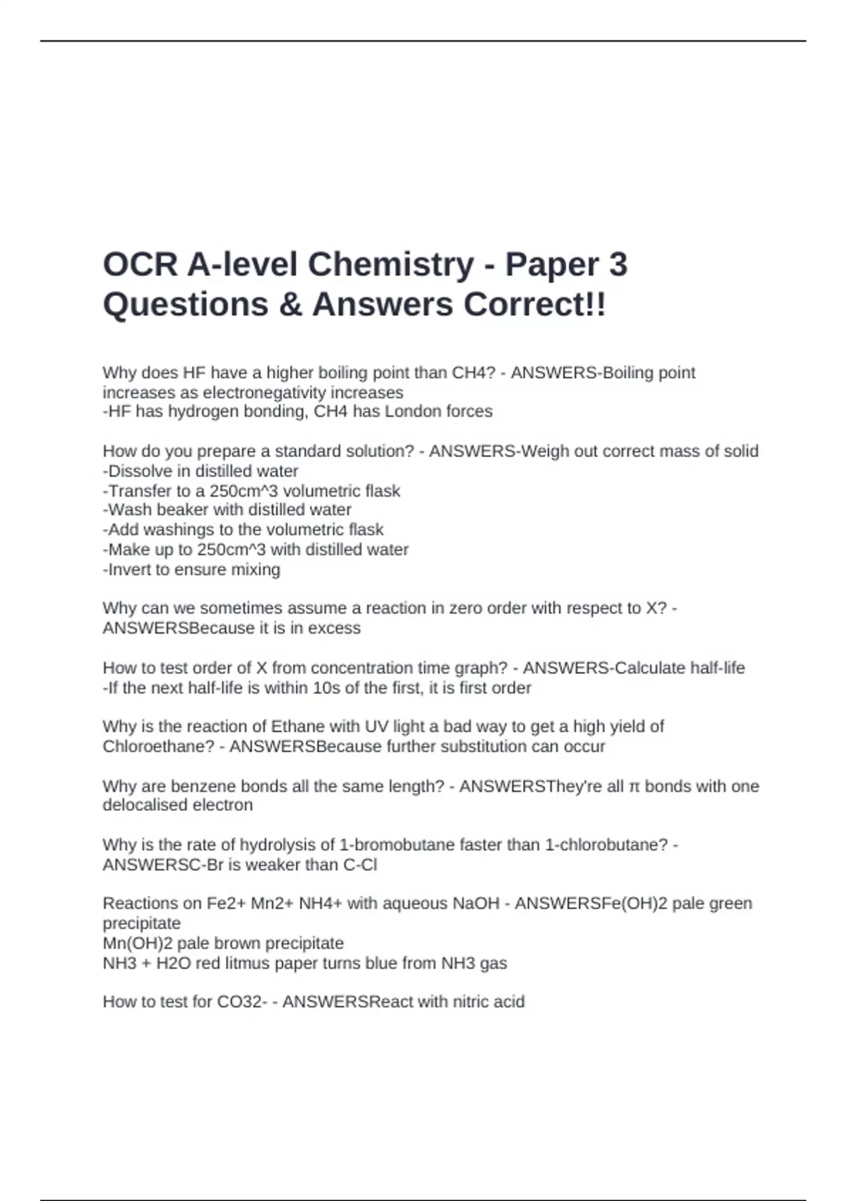 OCR A-level Chemistry - Paper 3 Questions & Answers Correct!! - OCR A ...