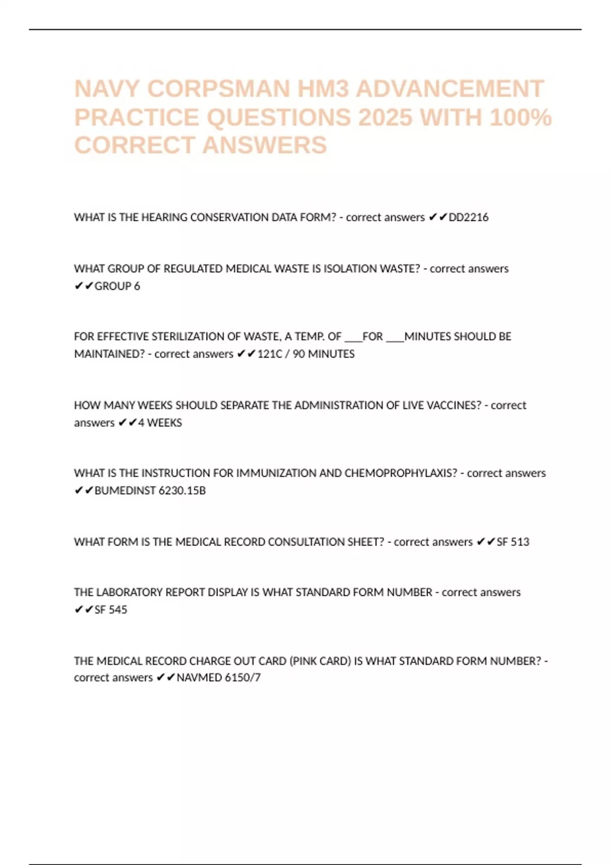 NAVY CORPSMAN HM3 ADVANCEMENT PRACTICE QUESTIONS 2025 WITH 100% CORRECT ...