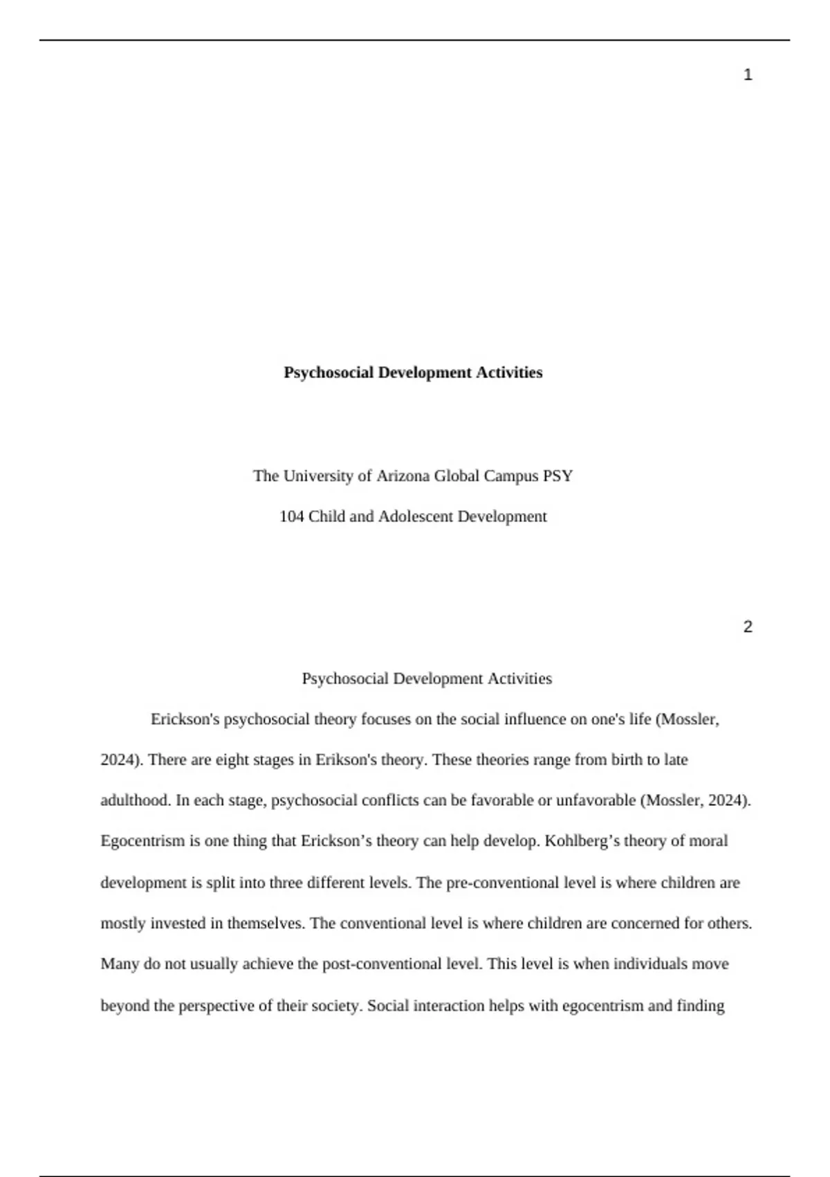 Summary 1 Psychosocial Development Activities The University of Arizona ...
