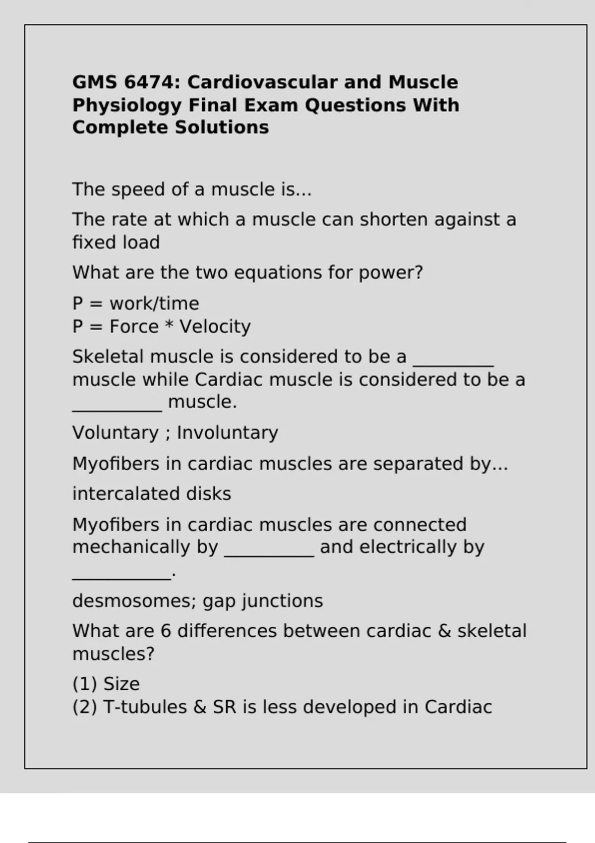 GMS 6474 University Of Florida -GMS 6474: Cardiovascular and Muscle Physiology Final Exam ...