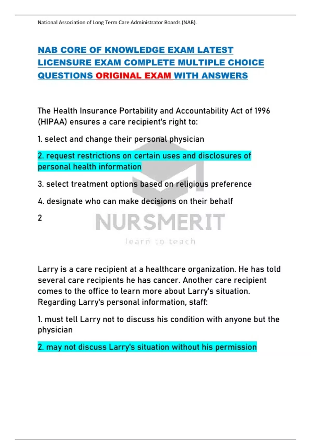 NAB CORE OF KNOWLEDGE EXAM LATEST 2025 LICENSURE EXAM COMPLETE MULTIPLE ...