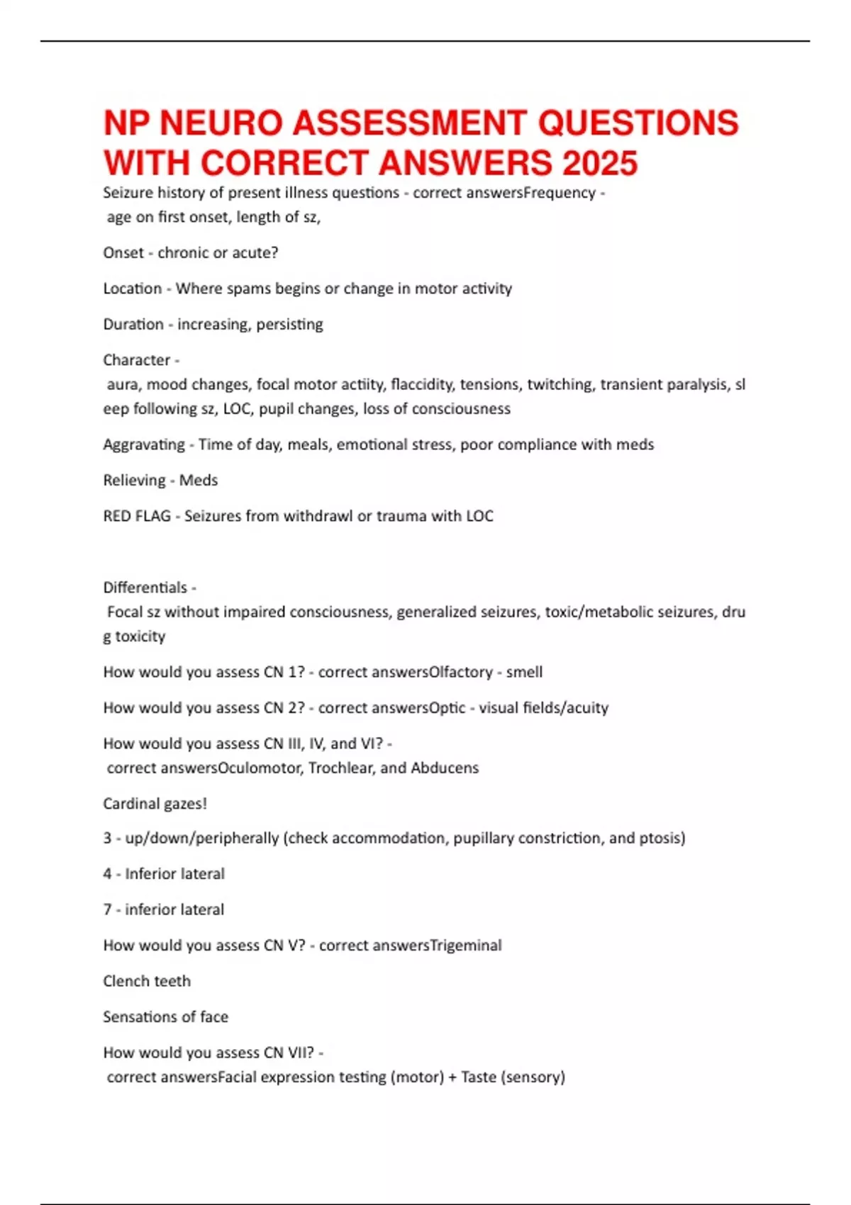 NP NEURO ASSESSMENT QUESTIONS WITH CORRECT ANSWERS 2025. - NURSING ...
