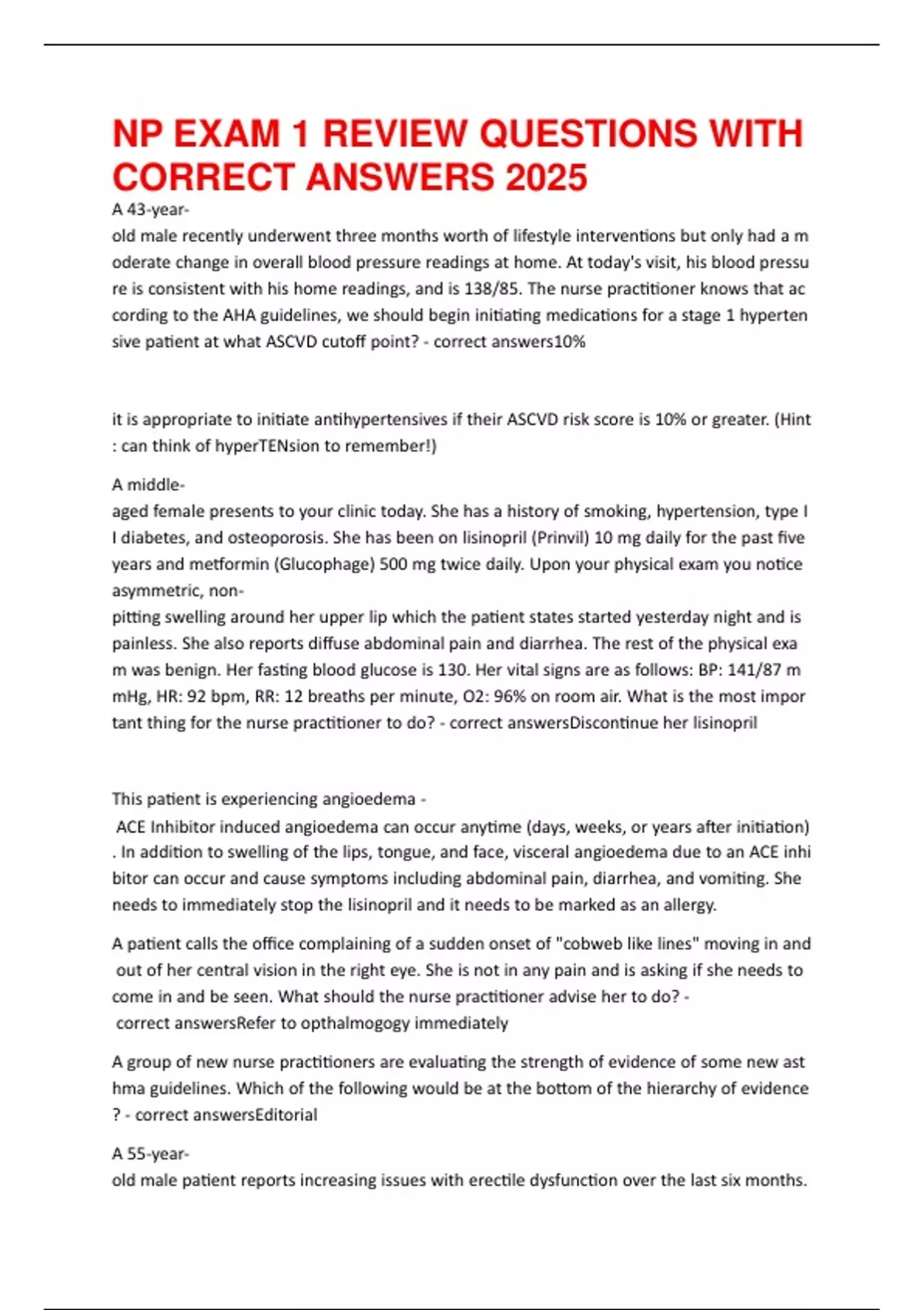 NP EXAM 1 REVIEW QUESTIONS WITH CORRECT ANSWERS 2025 - NURSING ...