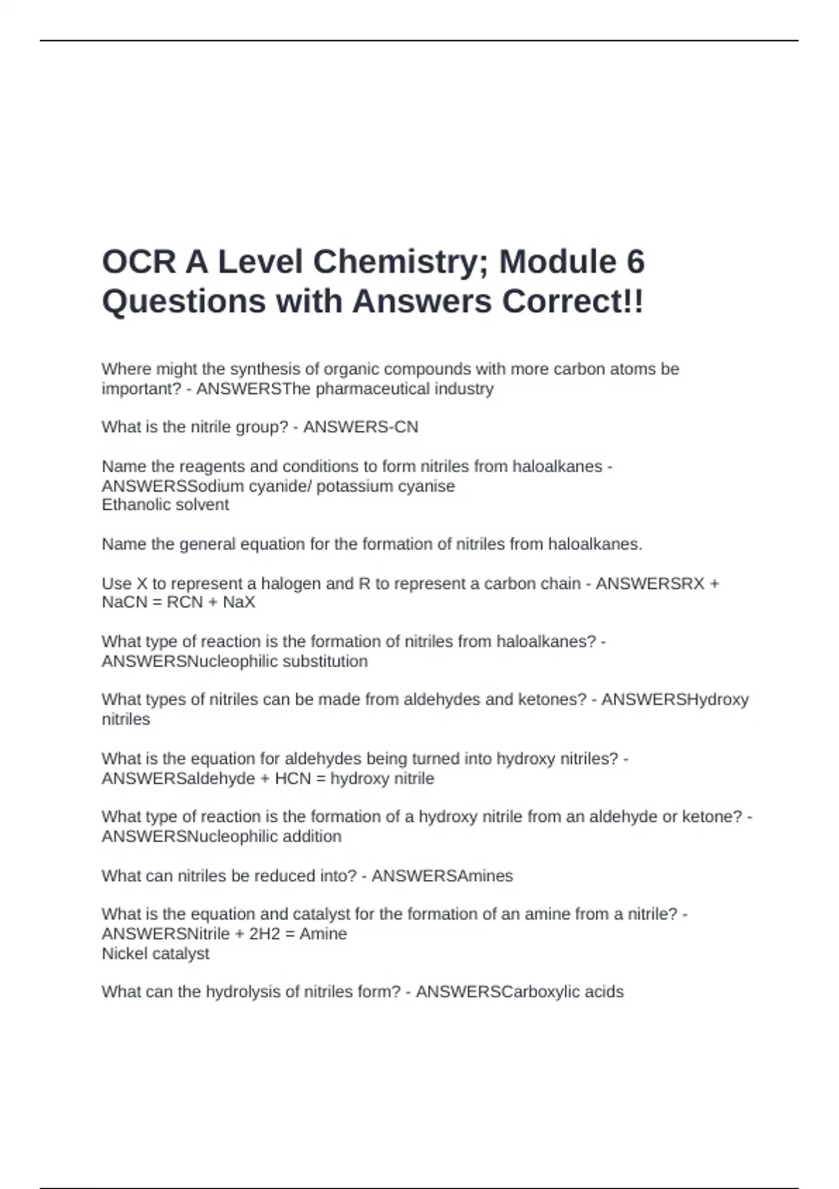 OCR A Level Chemistry; Module 6 Questions with Answers Correct!! - OCR ...