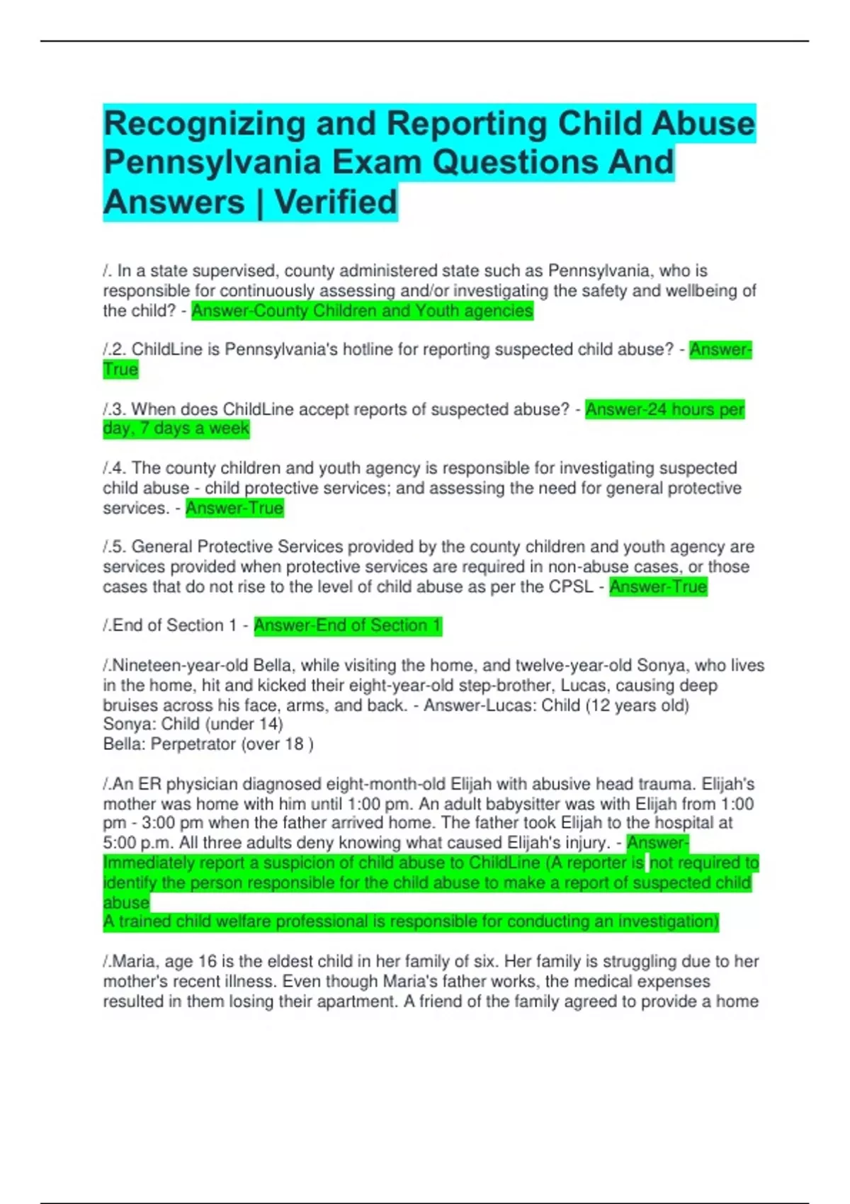 Recognizing and Reporting Child Abuse Pennsylvania Exam Questions And Answers | Verified ...