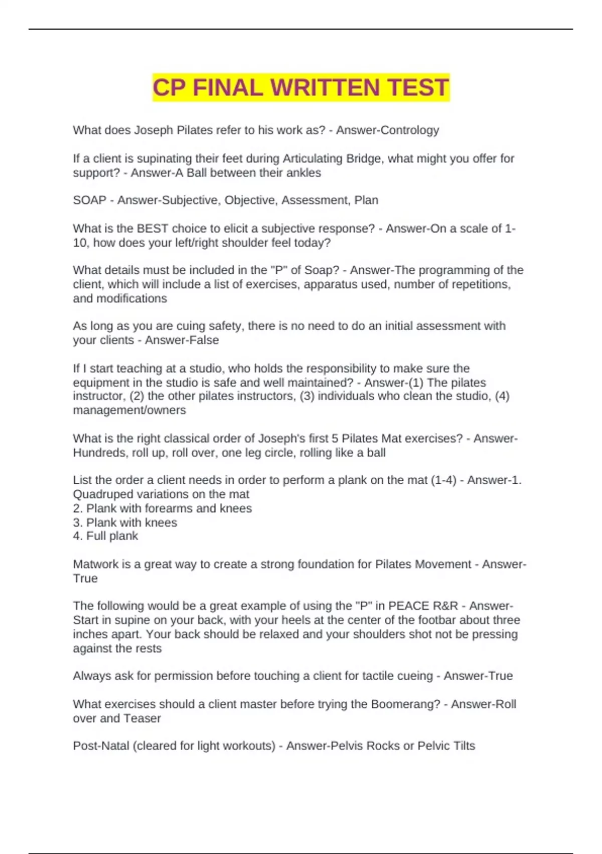 CP FINAL WRITTEN TEST EXAM QUESTIONS AND ANSWERS - CP WRITTEN - Stuvia US