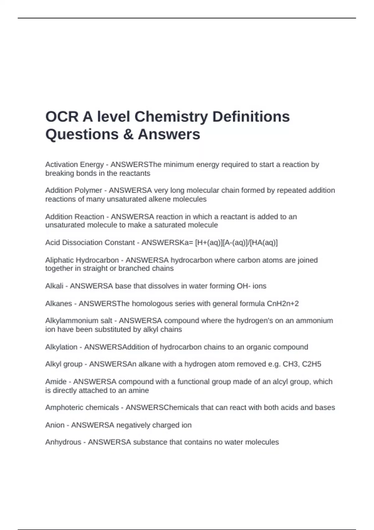 OCR A level Chemistry Definitions Questions & Answers - OCR A level ...