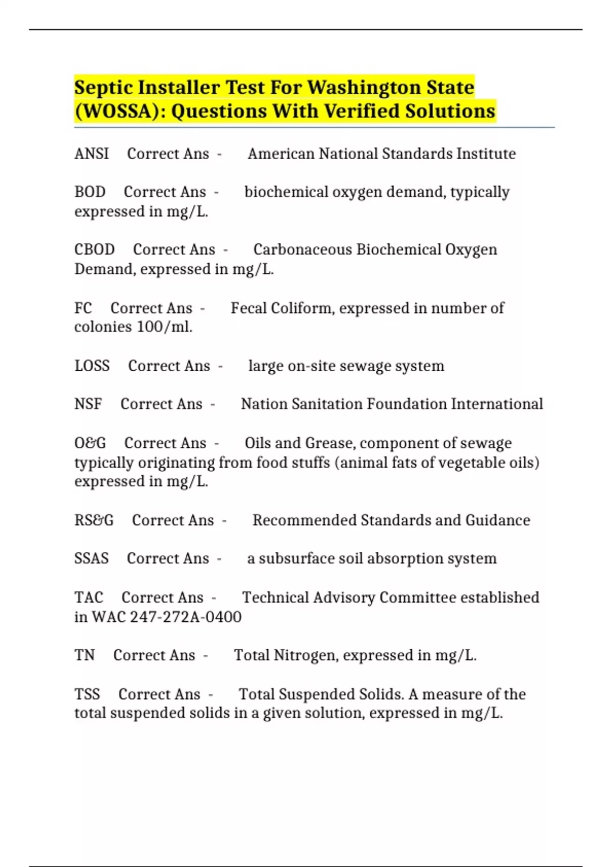 Septic Installer Test For Washington State (WOSSA): Questions With ...