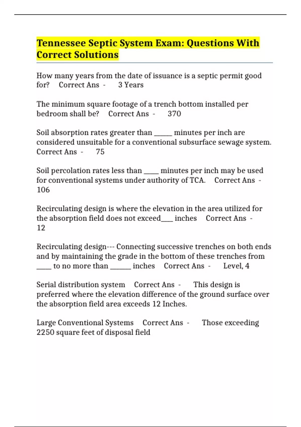 Tennessee Septic System Exam: Questions With Correct Solutions - Septic Installer - Stuvia US