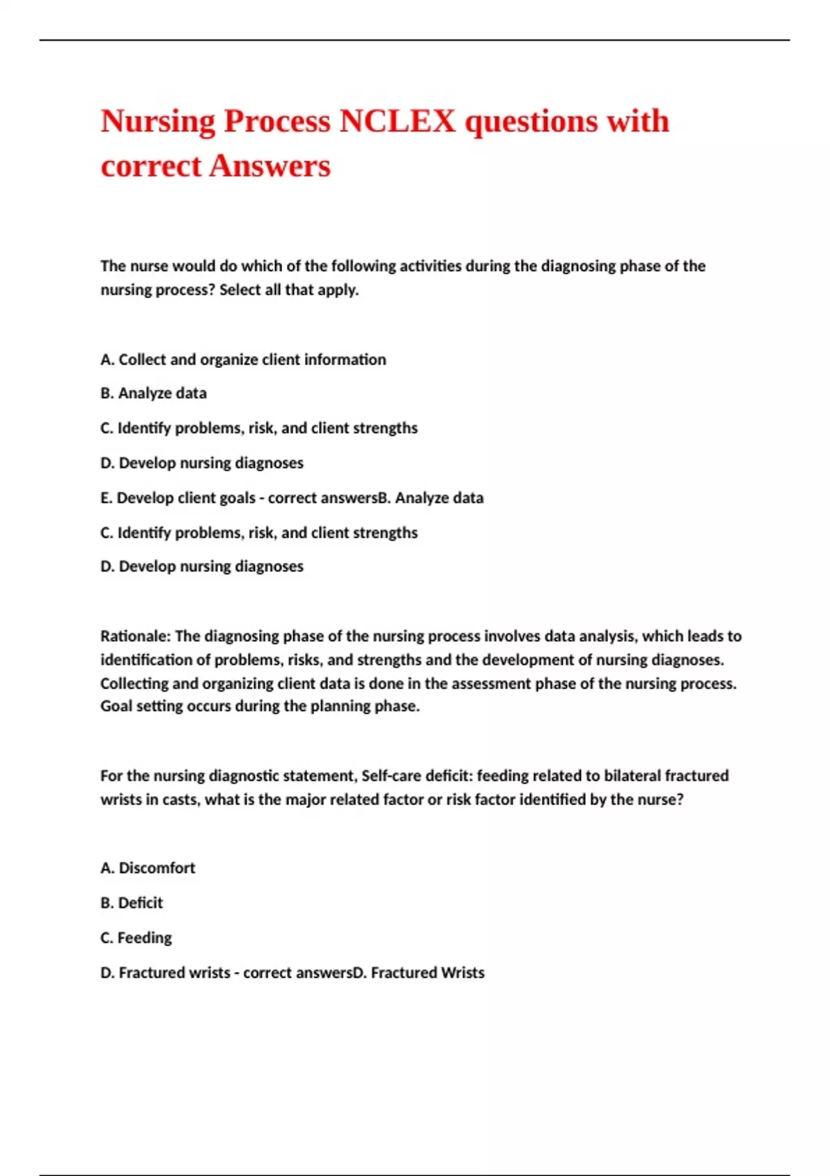 Nursing Process NCLEX questions with correct Answers. - Nursing process ...