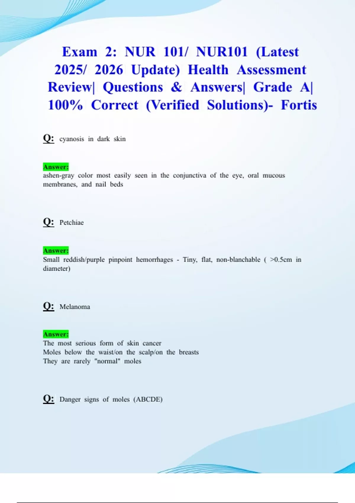 Exam 2: NUR 101/ NUR101 (Latest 2025/ 2026 Update) Health Assessment ...