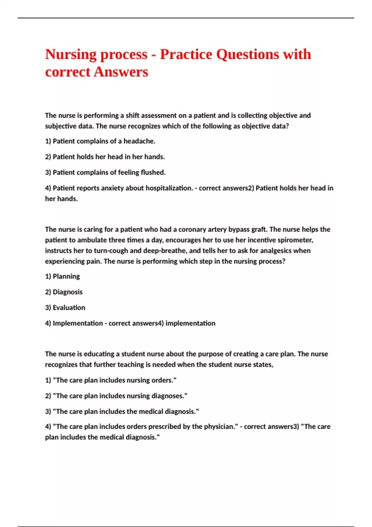 Nursing process - Practice Questions with correct Answers. - Nursing ...