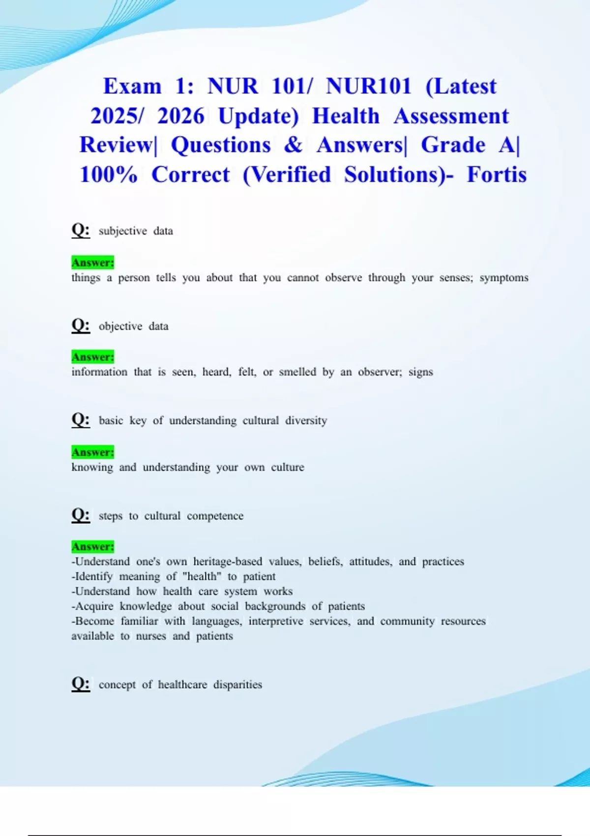 Exam 1: NUR 101/ NUR101 (Latest 2025/ 2026 Update) Health Assessment ...