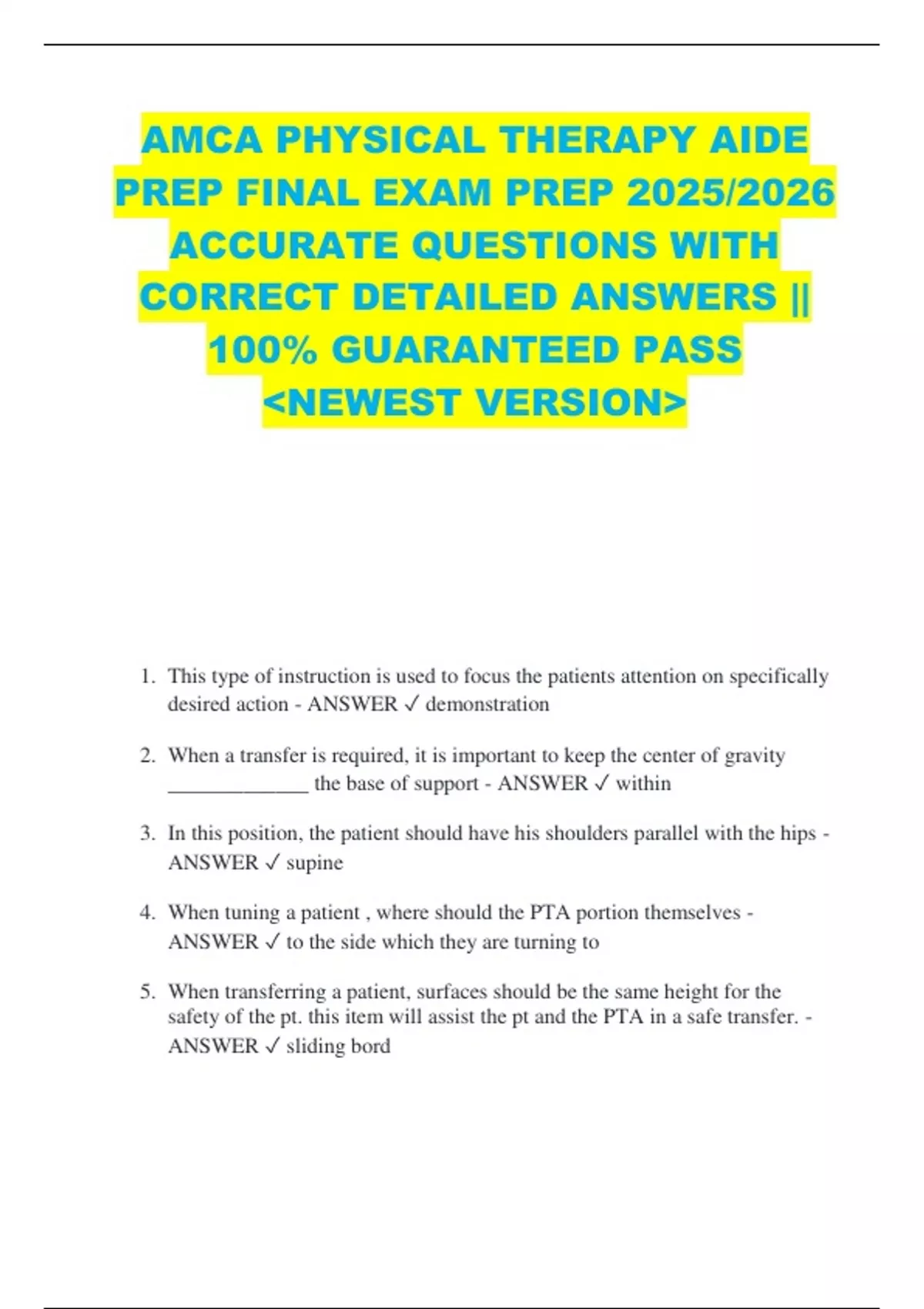AMCA PHYSICAL THERAPY AIDE PREP FINAL EXAM PREP 2025/2026 ACCURATE QUESTIONS WITH CORRECT ...