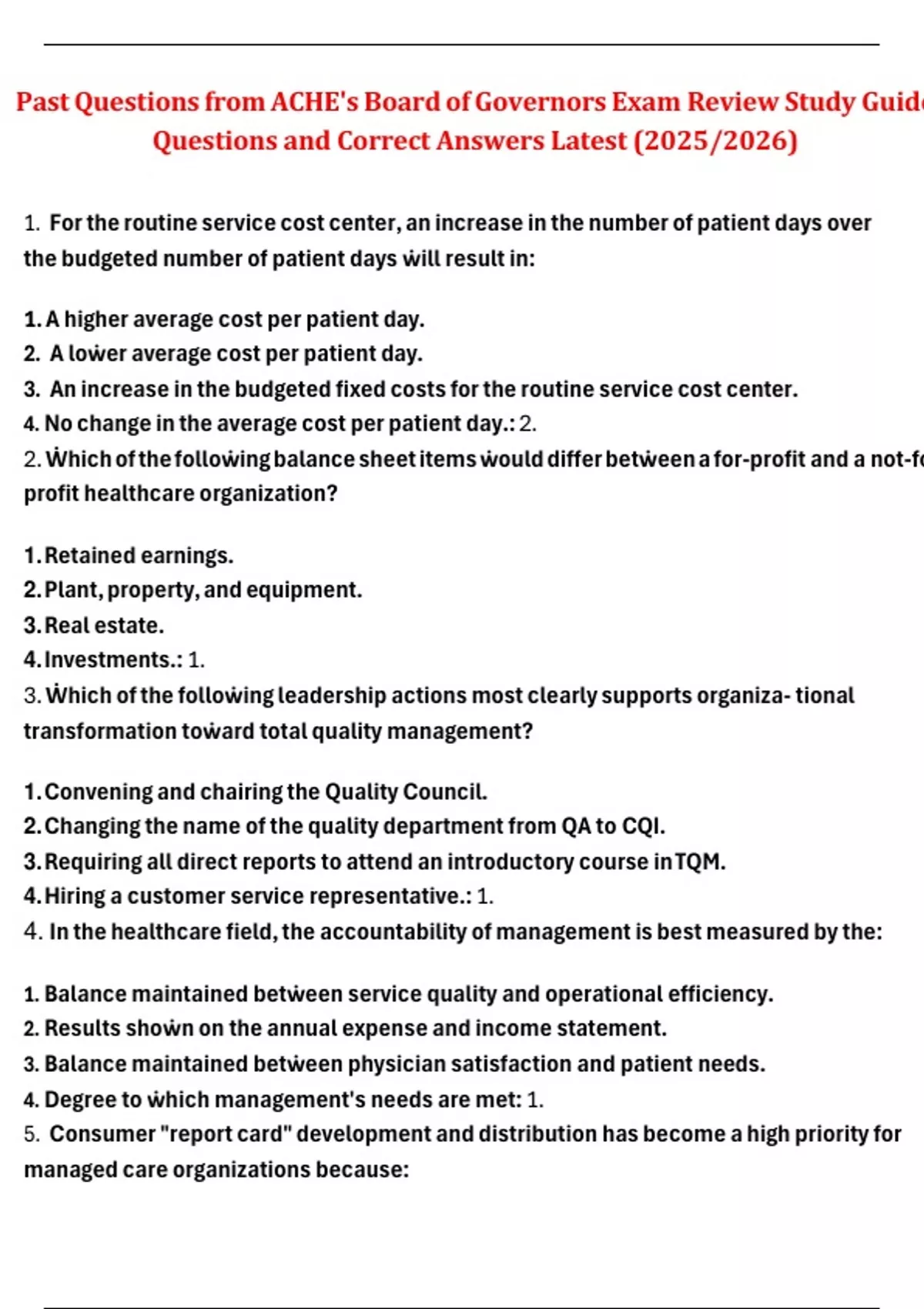 Past Questions from ACHE's Board of Governors Exam Review Study Guide ...