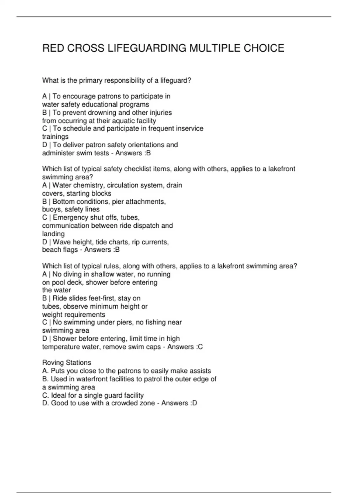 RED CROSS LIFEGUARDING MULTIPLE CHOICE - RED CROSS LIFEGUARDING - Stuvia US