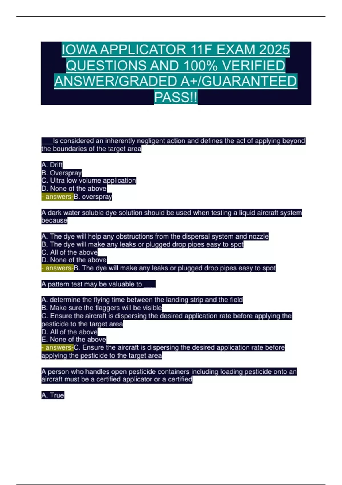 Iowa 11F Aerial Pesticide Applicator Certification Exam 2025: Complete Study Guide with 100% ...