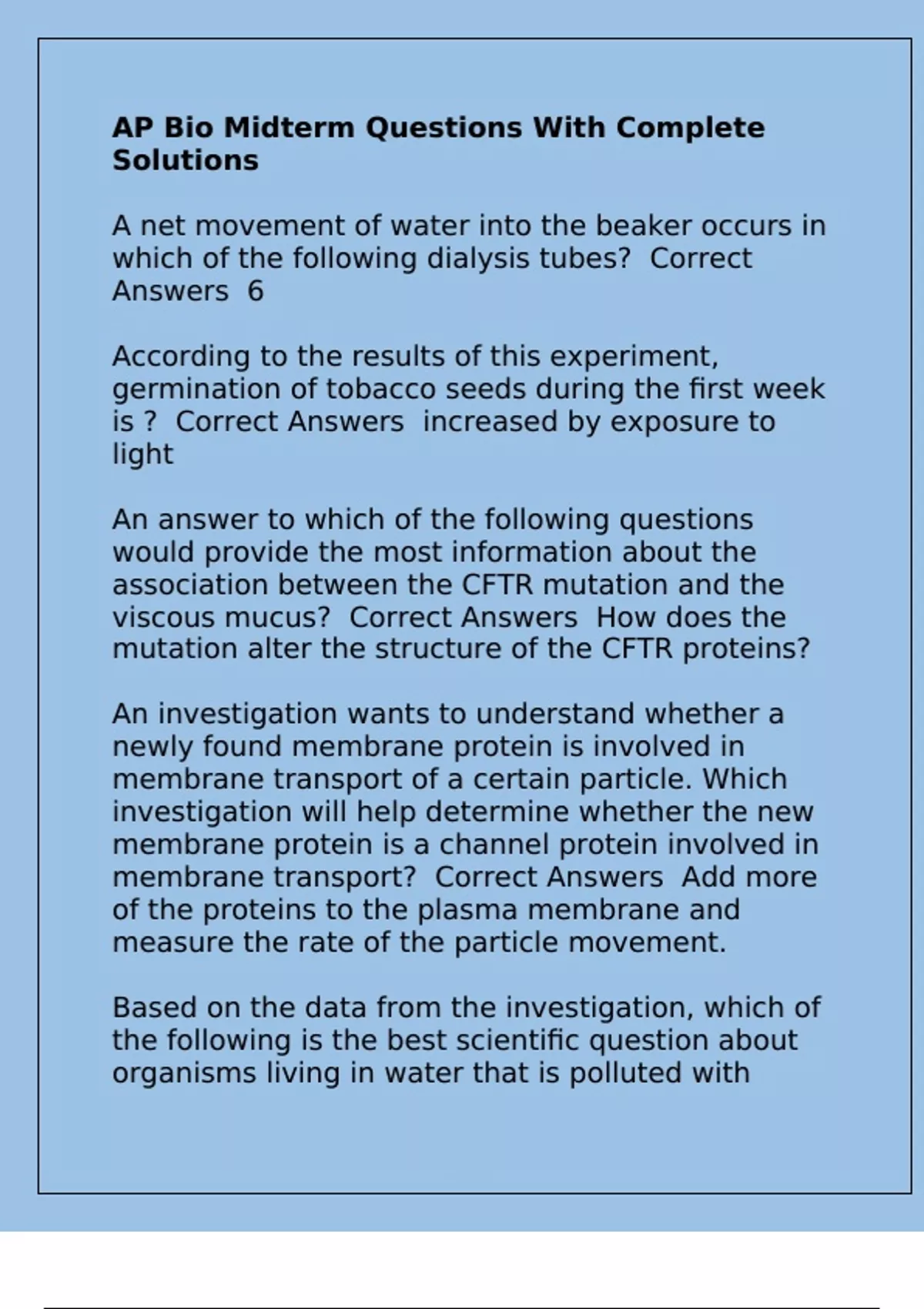 AP Bio Midterm Questions With Complete Solutions - Bio A&P 1 - Stuvia US