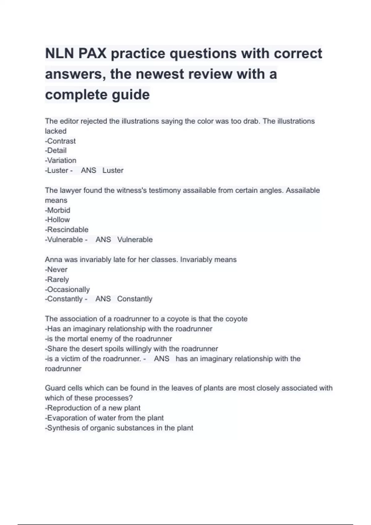 NLN PAX practice questions with correct answers, the newest review with ...