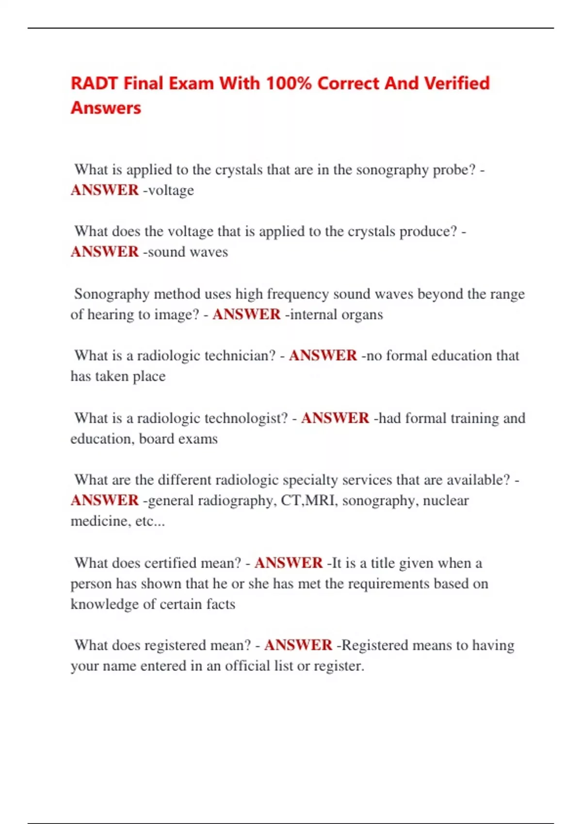 RADT Final Exam With 100% Correct And Verified Answers - RADT - Stuvia US
