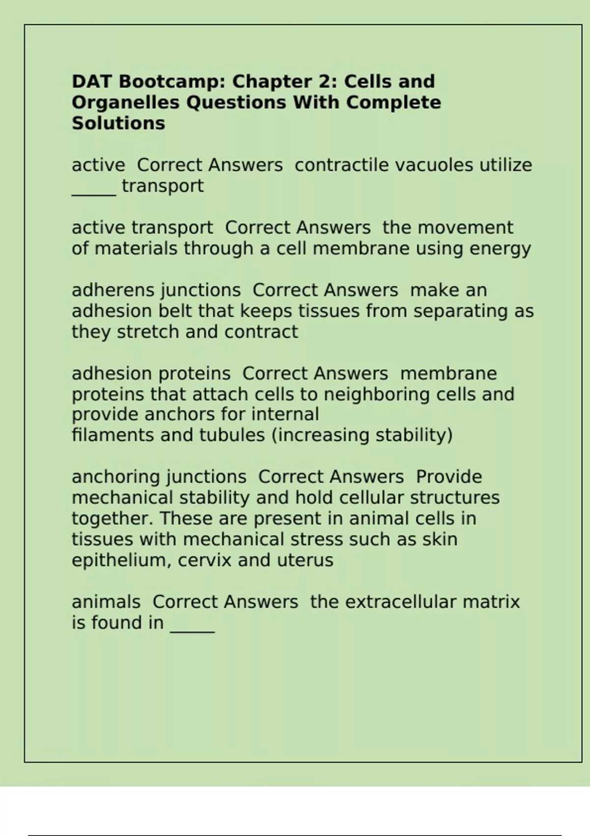 DAT Bootcamp: Chapter 2: Cells and Organelles Questions With Complete Solutions - DAT - Stuvia US
