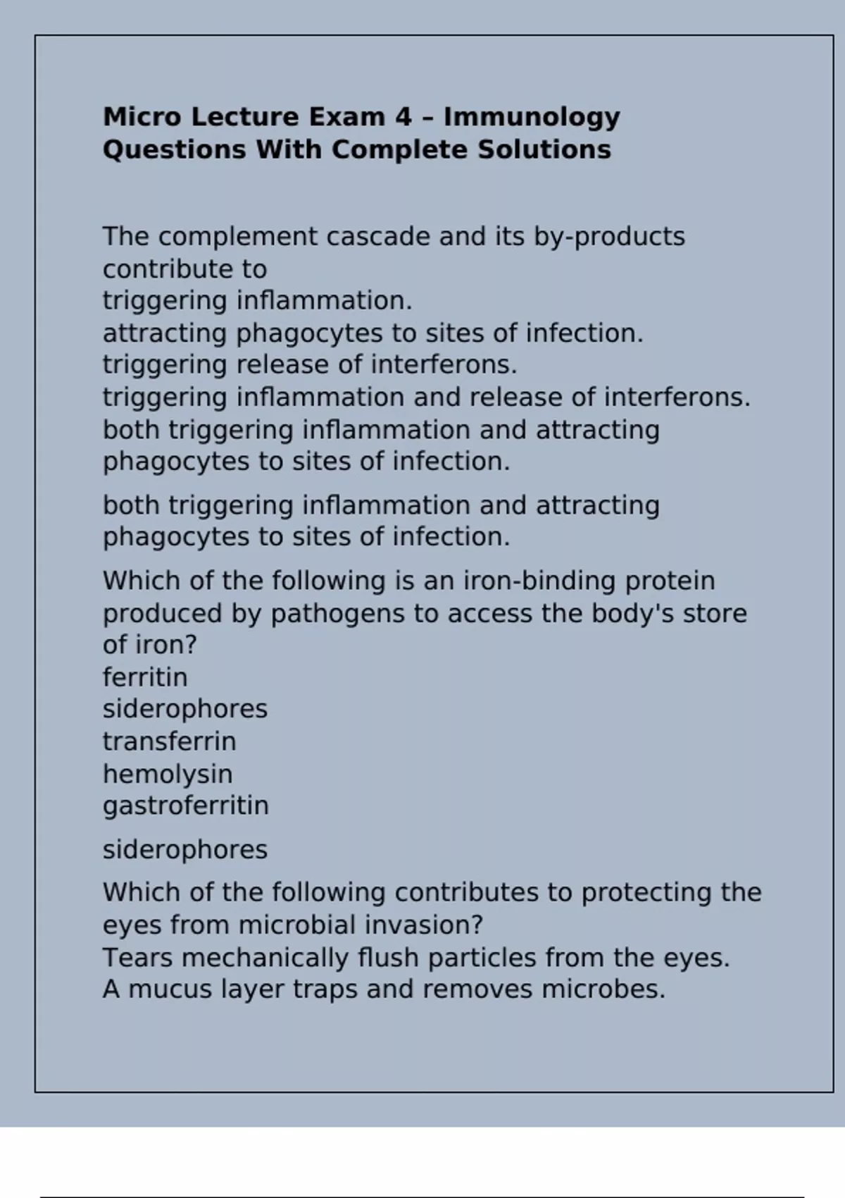 Micro Lecture Exam 4 – Immunology Questions With Complete Solutions - Immunology - Stuvia US