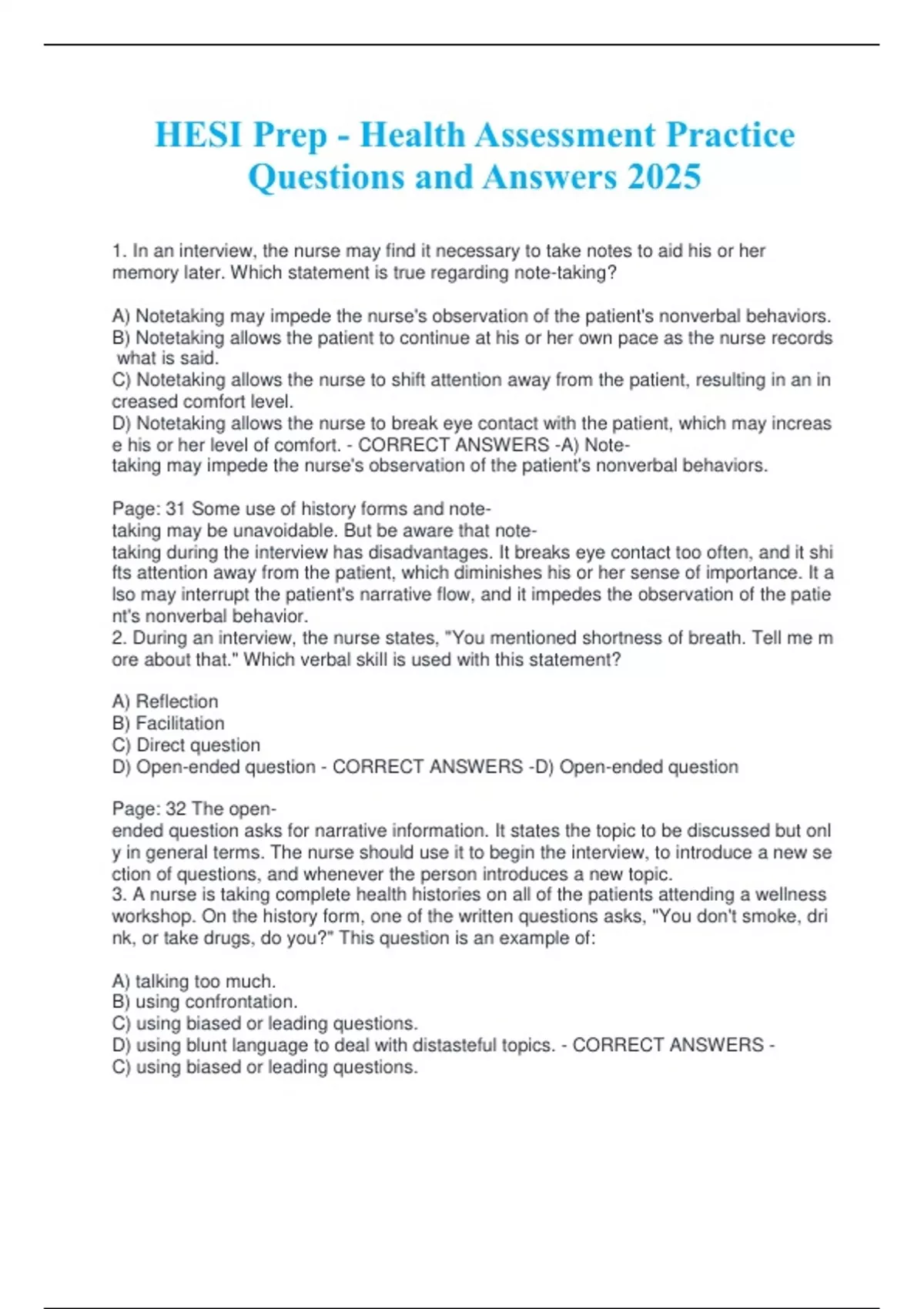 HESI Prep - Health Assessment Practice Questions and Answers 2025 - BSN ...