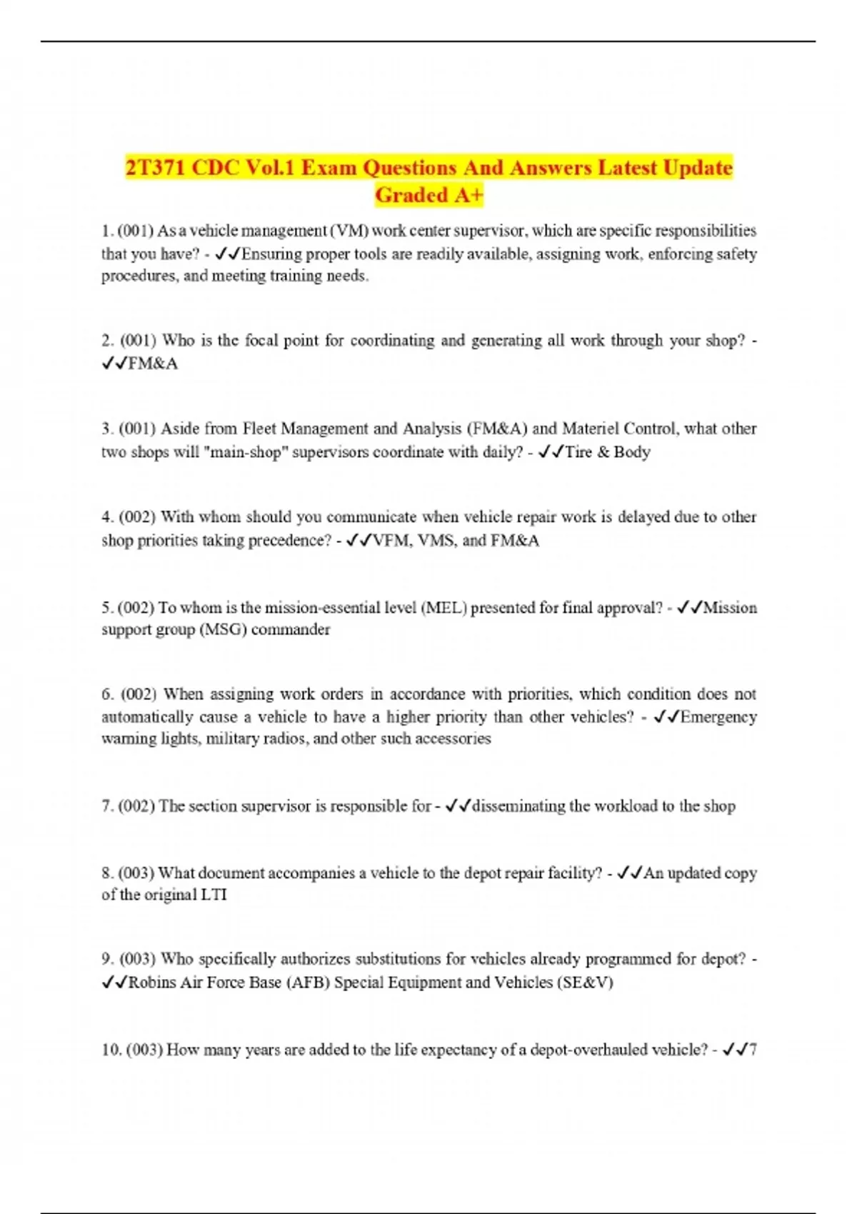 2T371 CDC Vol.1 Exam Questions And Answers Latest Update Graded A+ ...