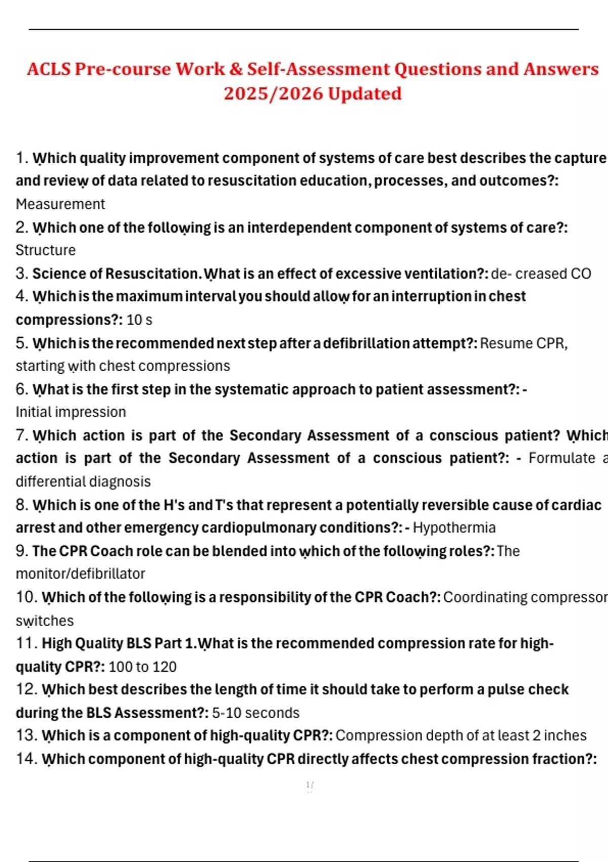 Acls Pre Course Work And Self Assessment Questions And Answers 2025 2026 Updated Ache Bog