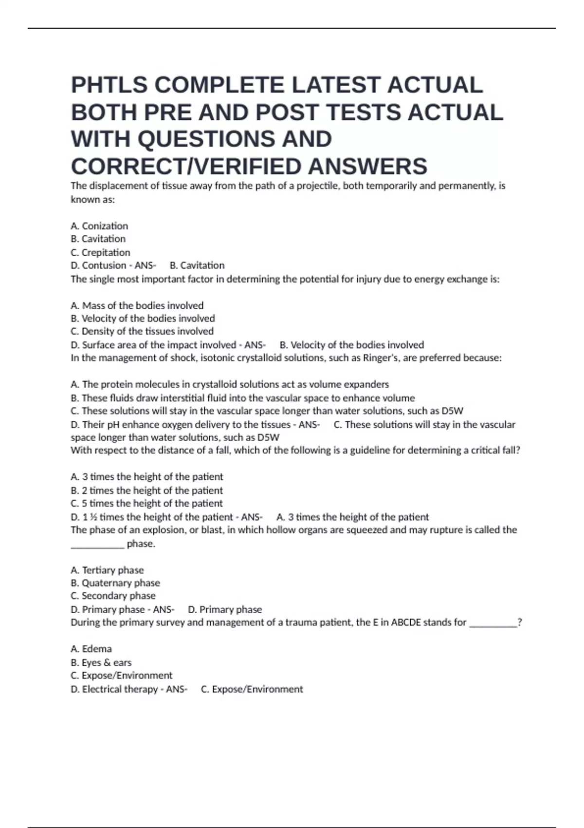 PHTLS COMPLETE LATEST ACTUAL BOTH PRE AND POST TESTS ACTUAL WITH ...