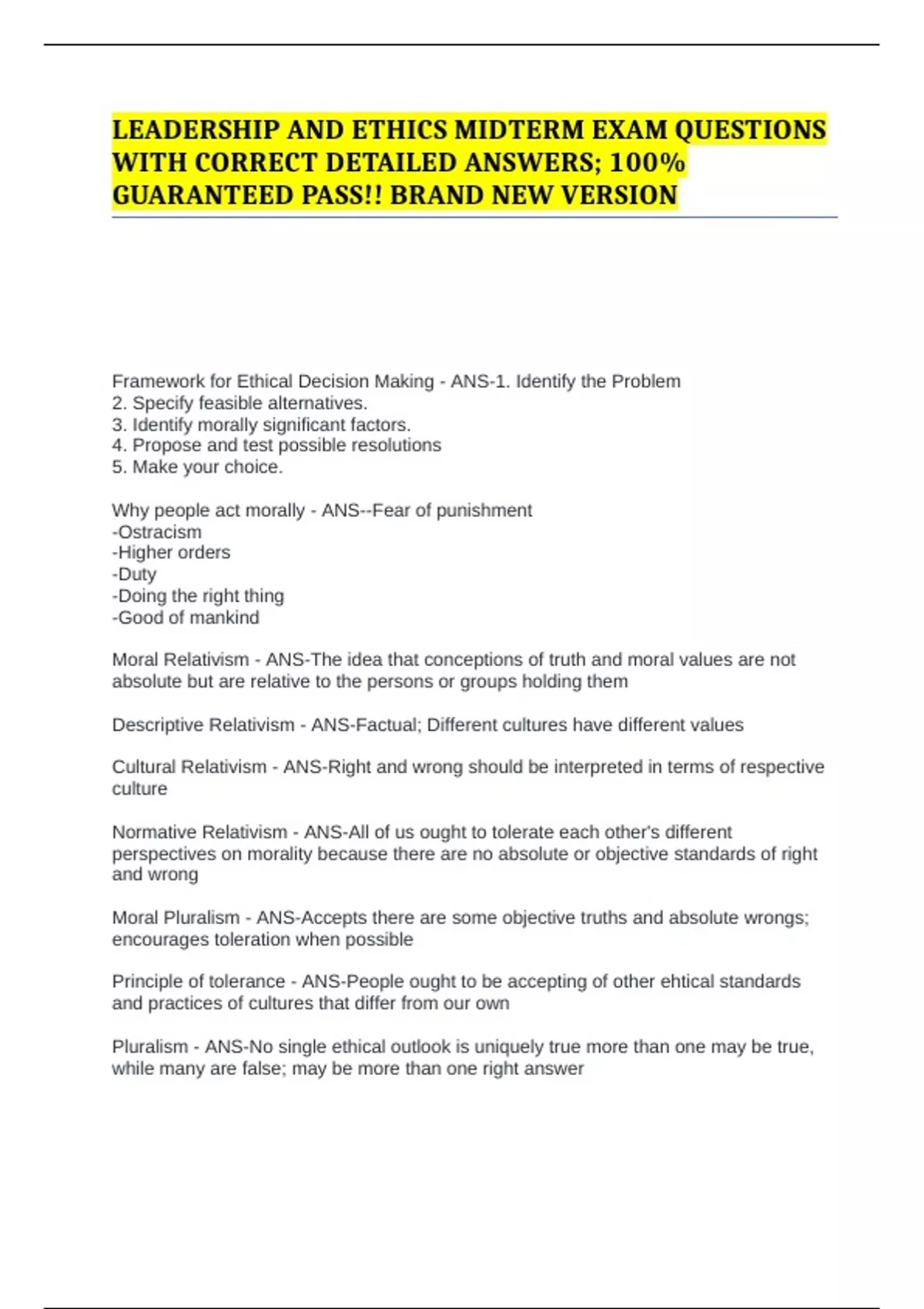 LEADERSHIP AND ETHICS MIDTERM EXAM QUESTIONS WITH CORRECT DETAILED ANSWERS - LEADERSHIP & ETHICS ...