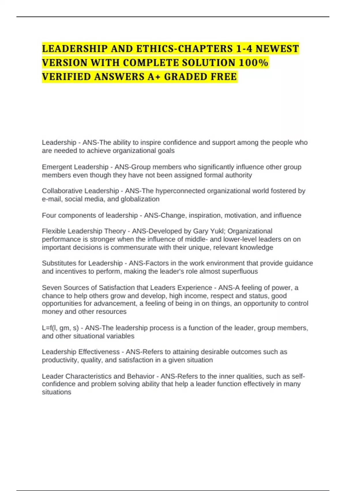 LEADERSHIP AND ETHICS-CHAPTERS 1-4 NEWEST VERSION WITH COMPLETE ...